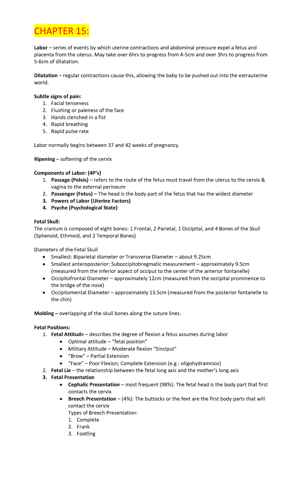 Chapter 15 - CHAPTER 15: Labor – series of events by which uterine ...