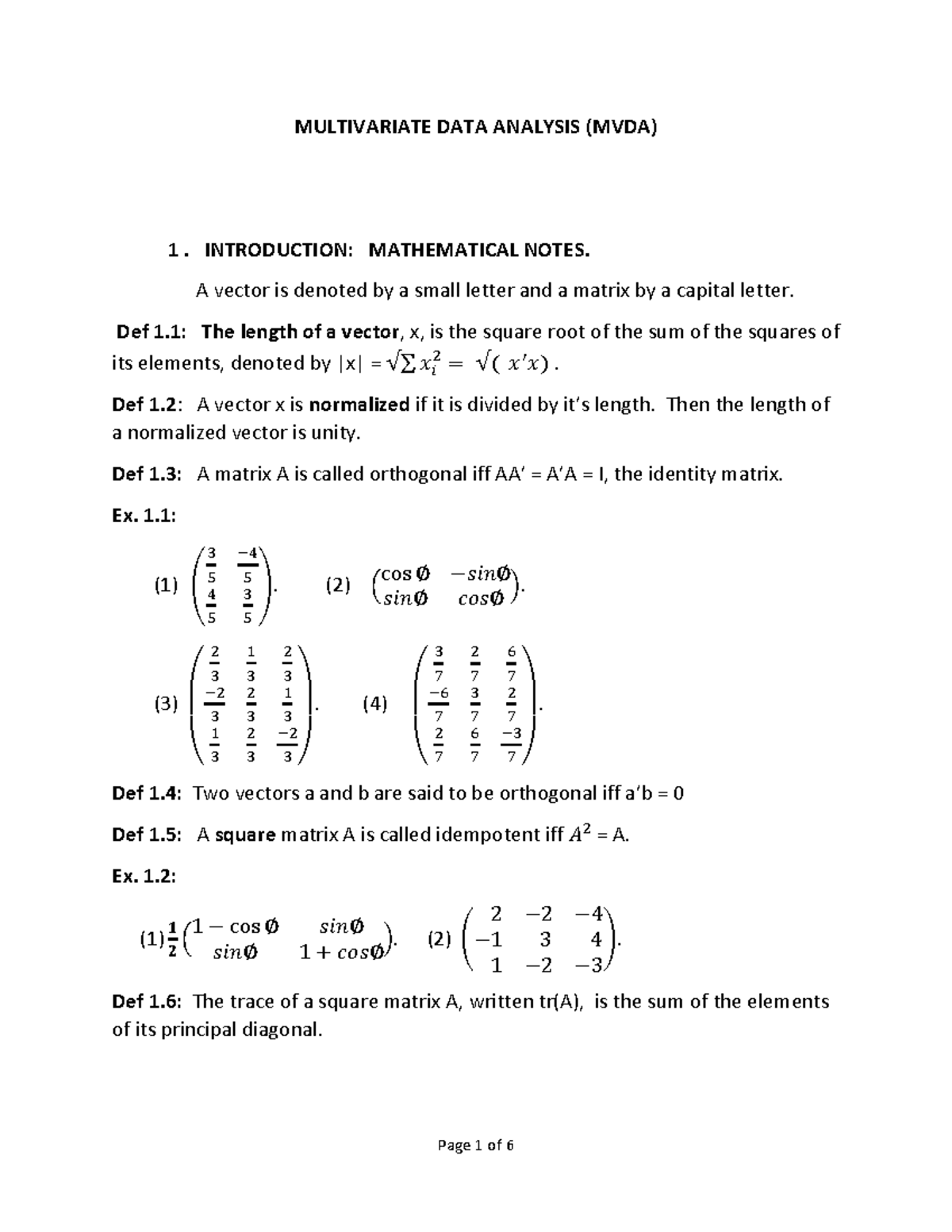 Ch 1 mvd 19c mathematichs - MULTIVARIATE DATA ANALYSIS (MVDA) 1 ...