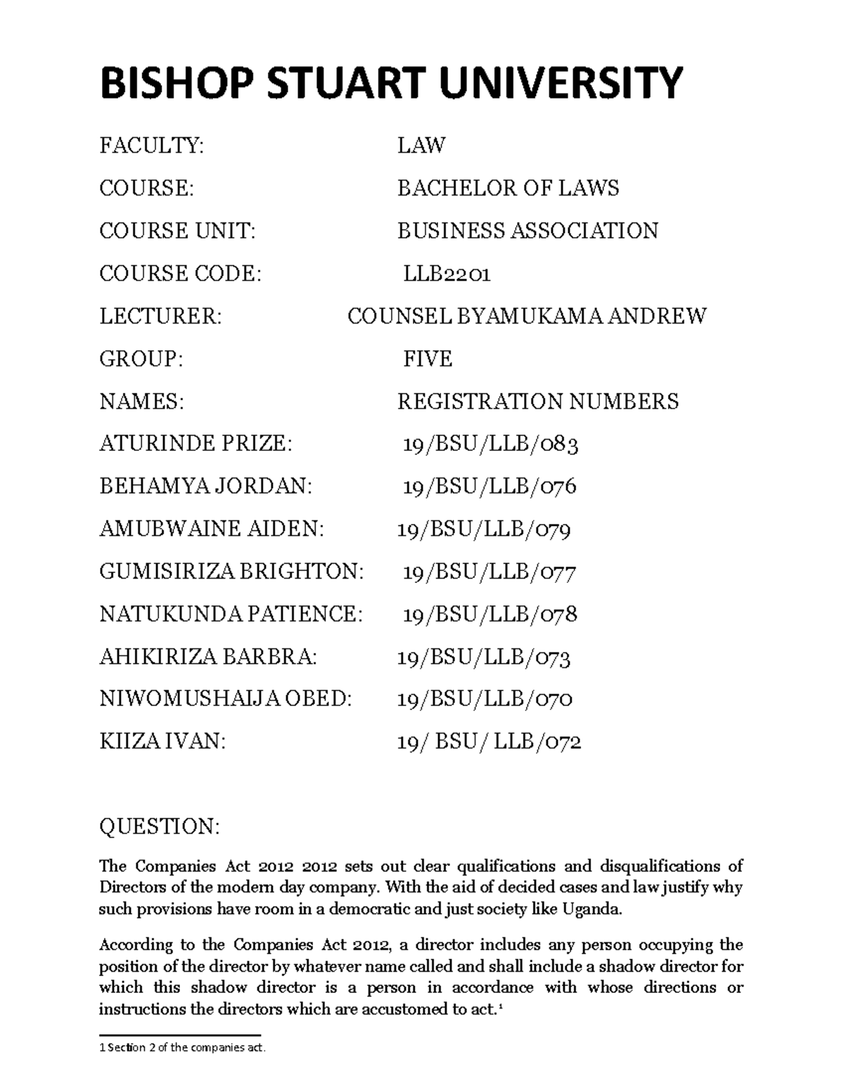 Business association doc - BISHOP STUART UNIVERSITY FACULTY: LAW COURSE ...