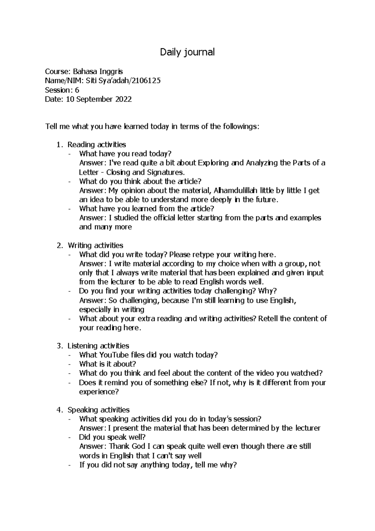 Daily journal at English Course to reflect student's understanding ...