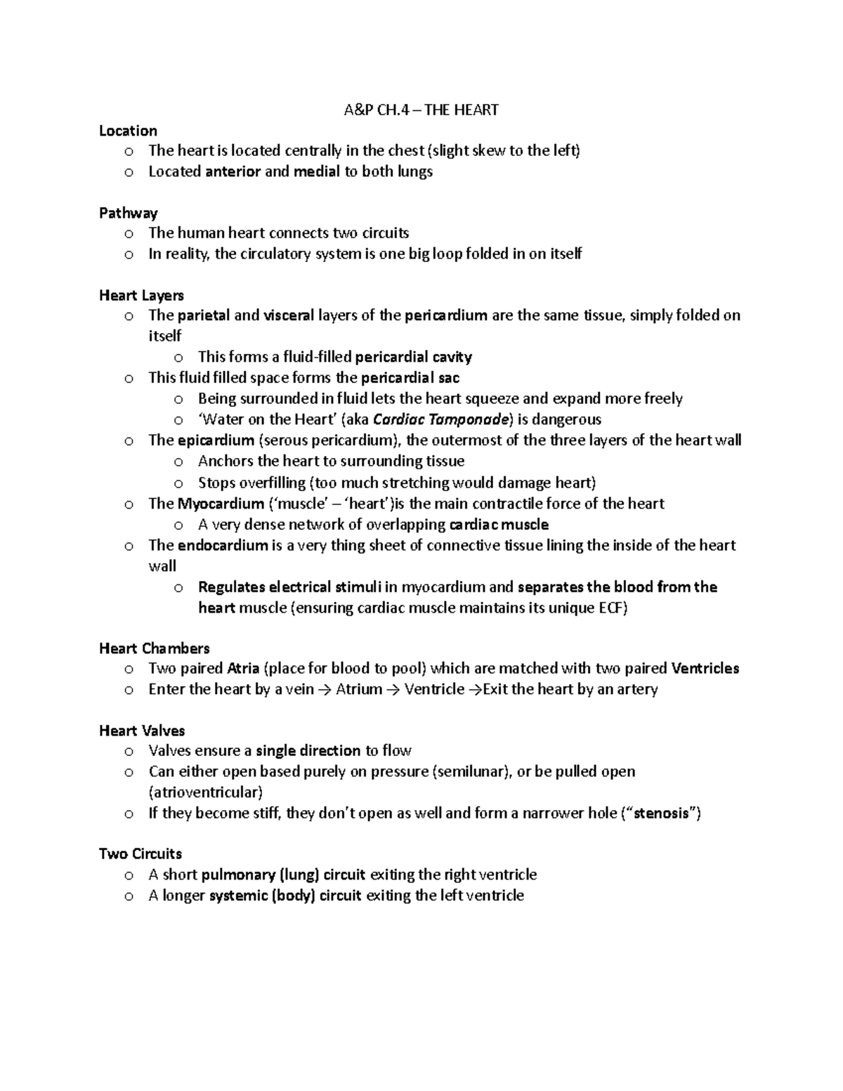 A&P CH. 4 - THE Heart - Cardiac notes - A&P CH – THE HEART Location o ...