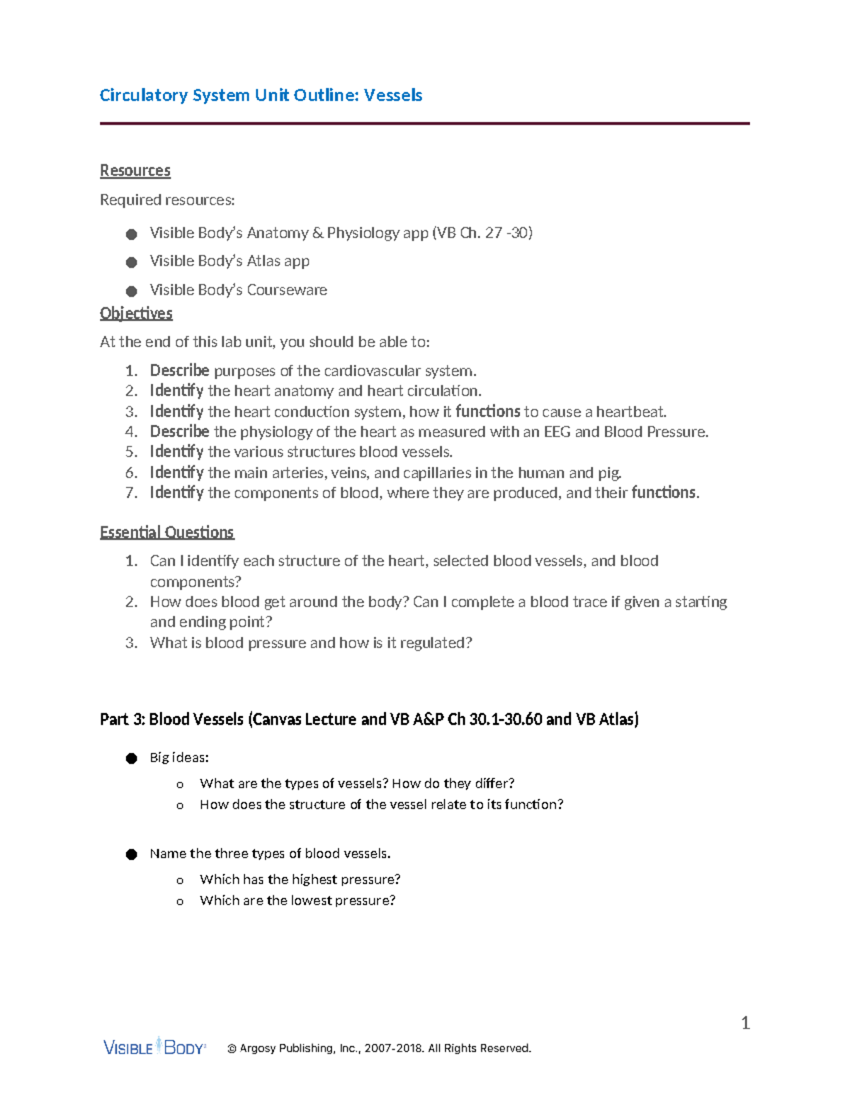 Guided Outline Notes for the Blood Vessels - Circulatory System Unit ...
