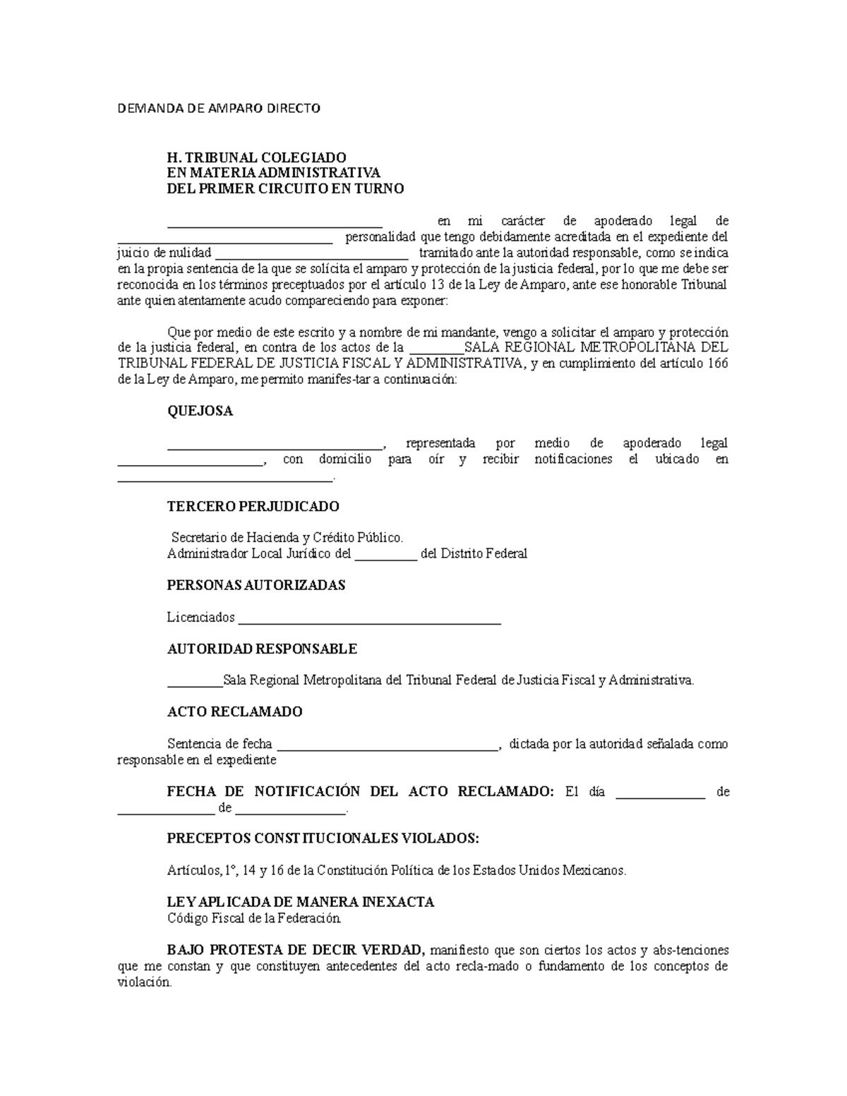 Demanda DE Amparo Directo 3 - DEMANDA DE AMPARO DIRECTO H. TRIBUNAL ...