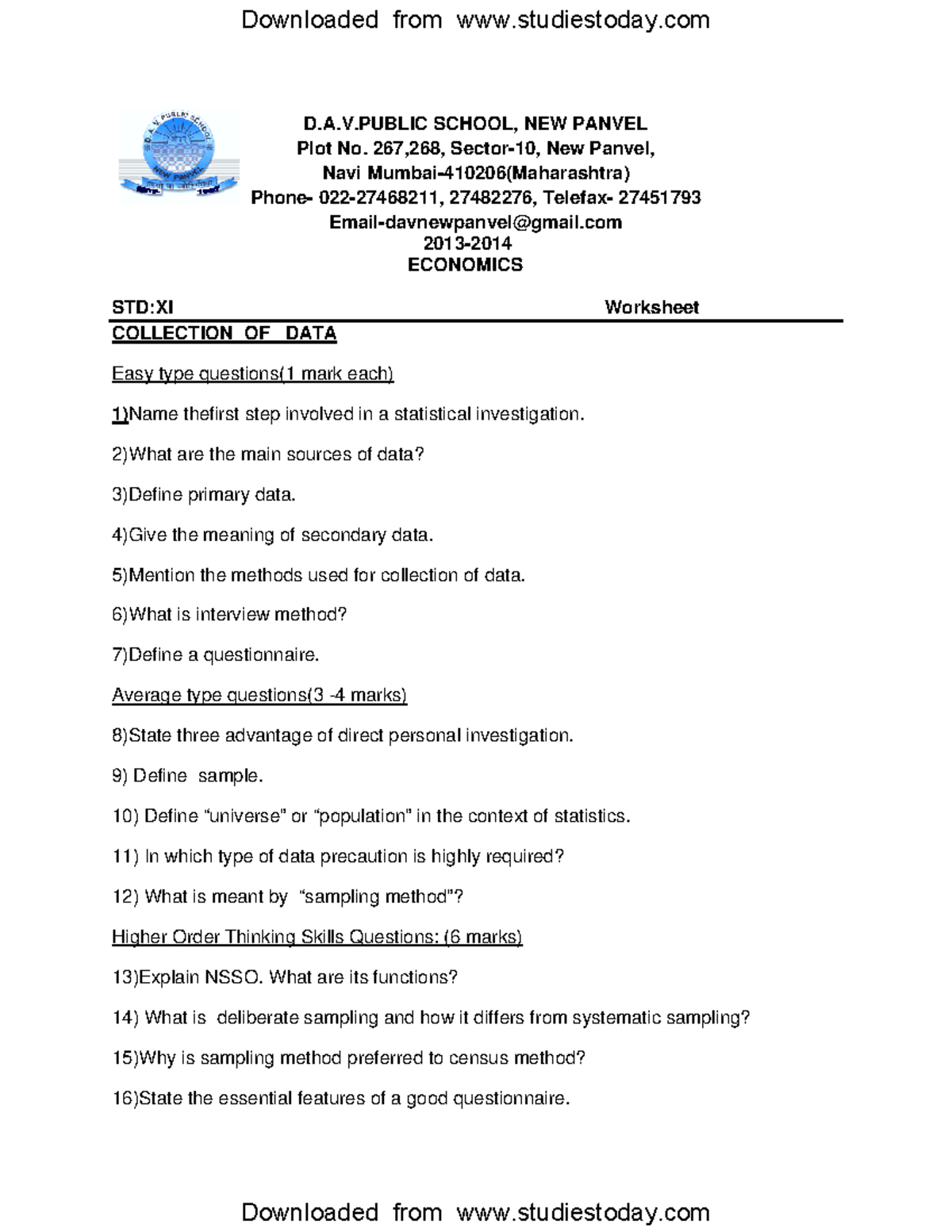 CBSE Class 11 Economics Collection Of Data Worksheet Set A - D.A.V ...