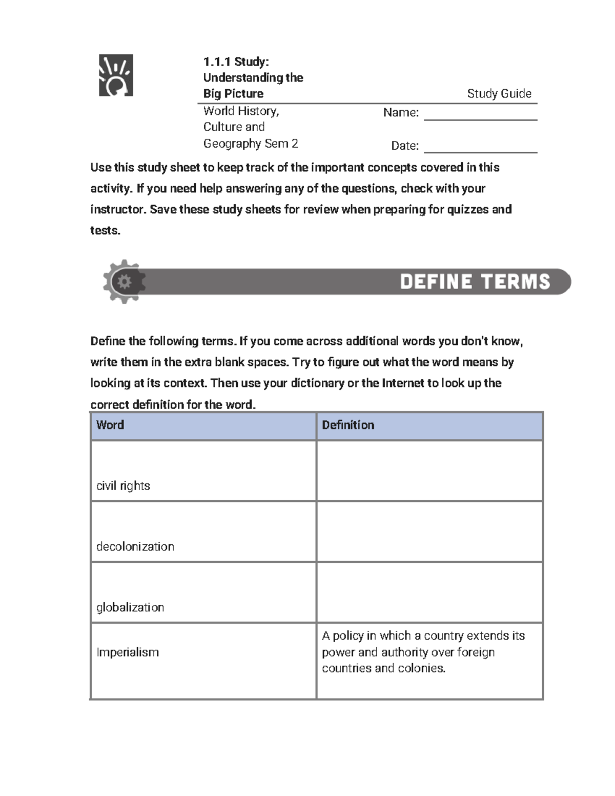 1.1.1 Study - Understanding the Big Picture (Study guide) - 1.1 Study ...