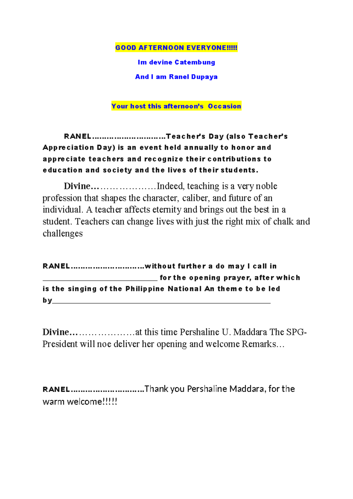 Teachers DAY Scrip - GOOD AFTERNOON EVERYONE!!!!! Im devine Catembung ...