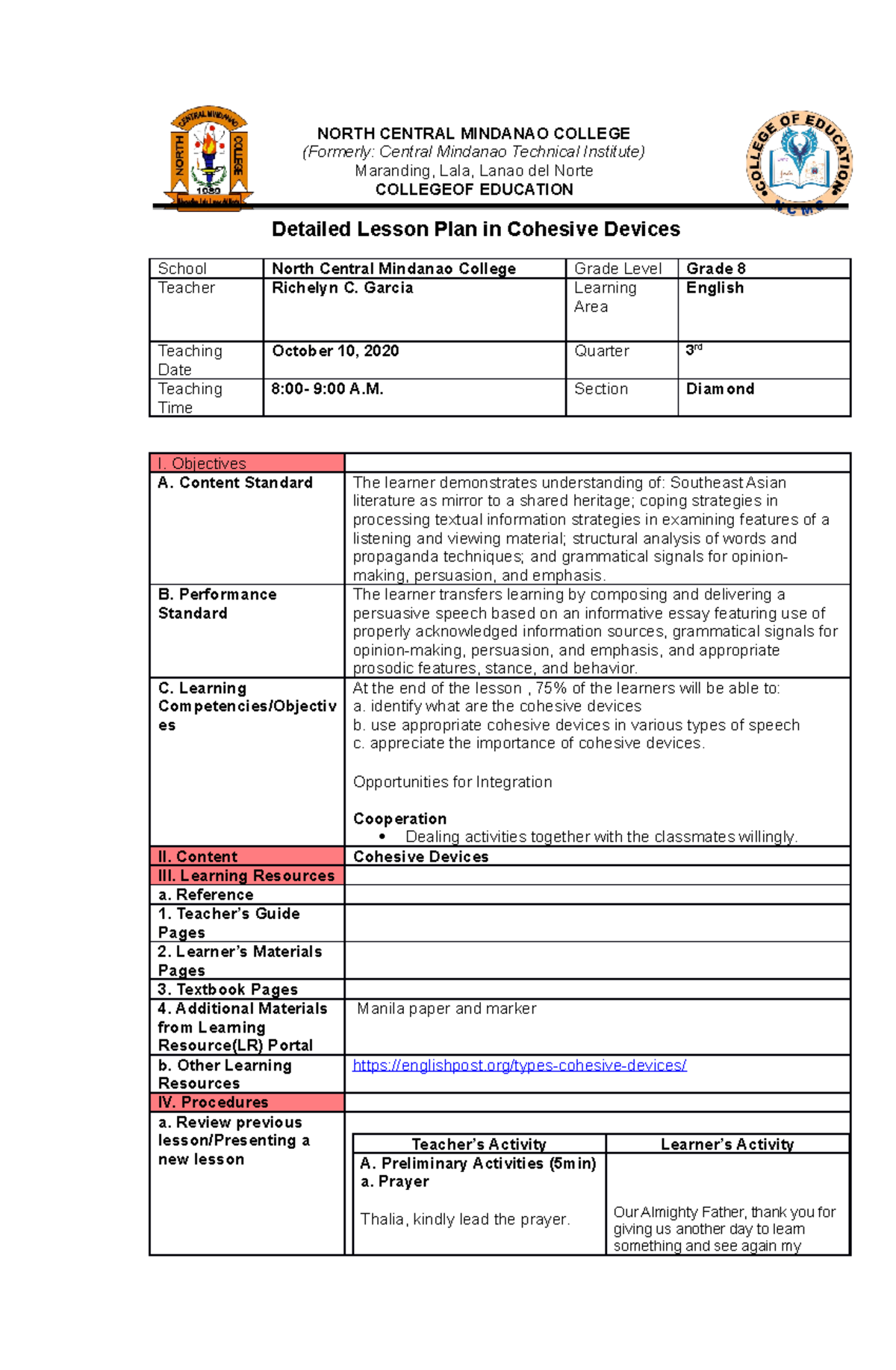 Lp copy lesson plan copy - NORTH CENTRAL MINDANAO COLLEGE (Formerly ...
