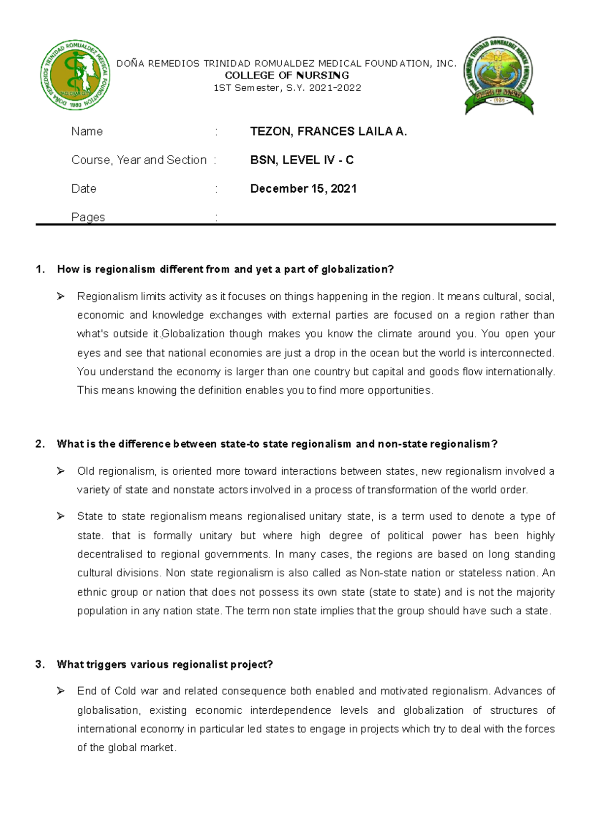 Tezon - Assignment 5 ( Contemporary World) - Name : TEZON, FRANCES ...