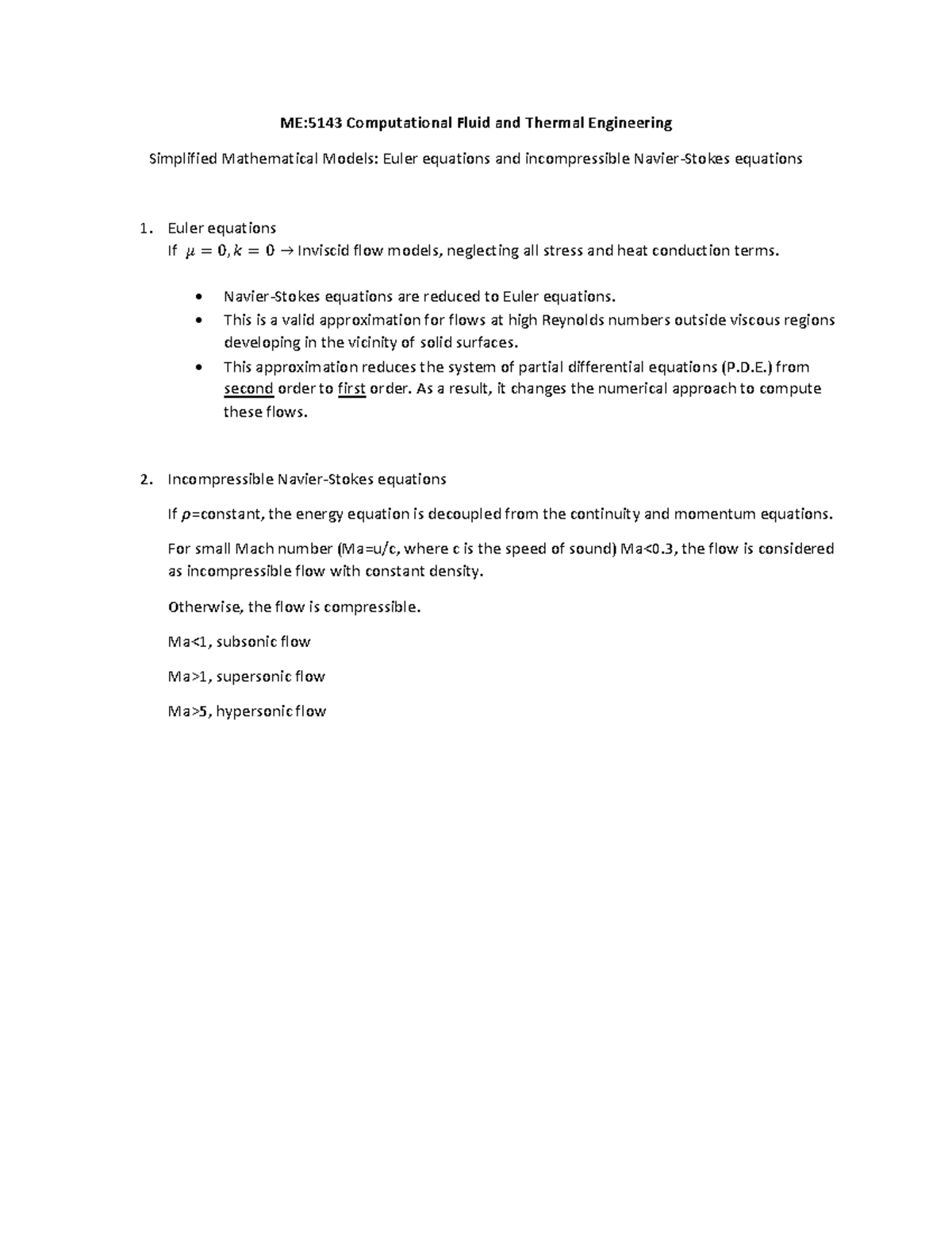 Euler Vs Incompressible Models Me5143 Computational Fluid And Thermal Engineering Simplified