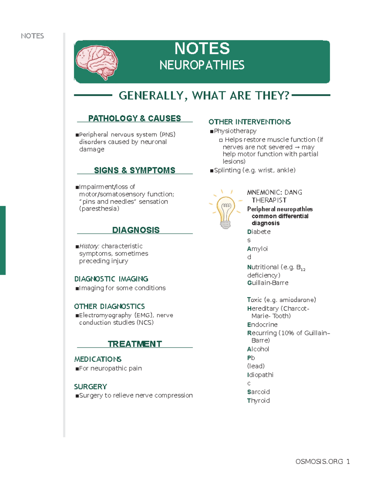 Neuropathies - Tugas - OSMOSIS 1 NOTES NEUROPATHIES ####### NOTES ...