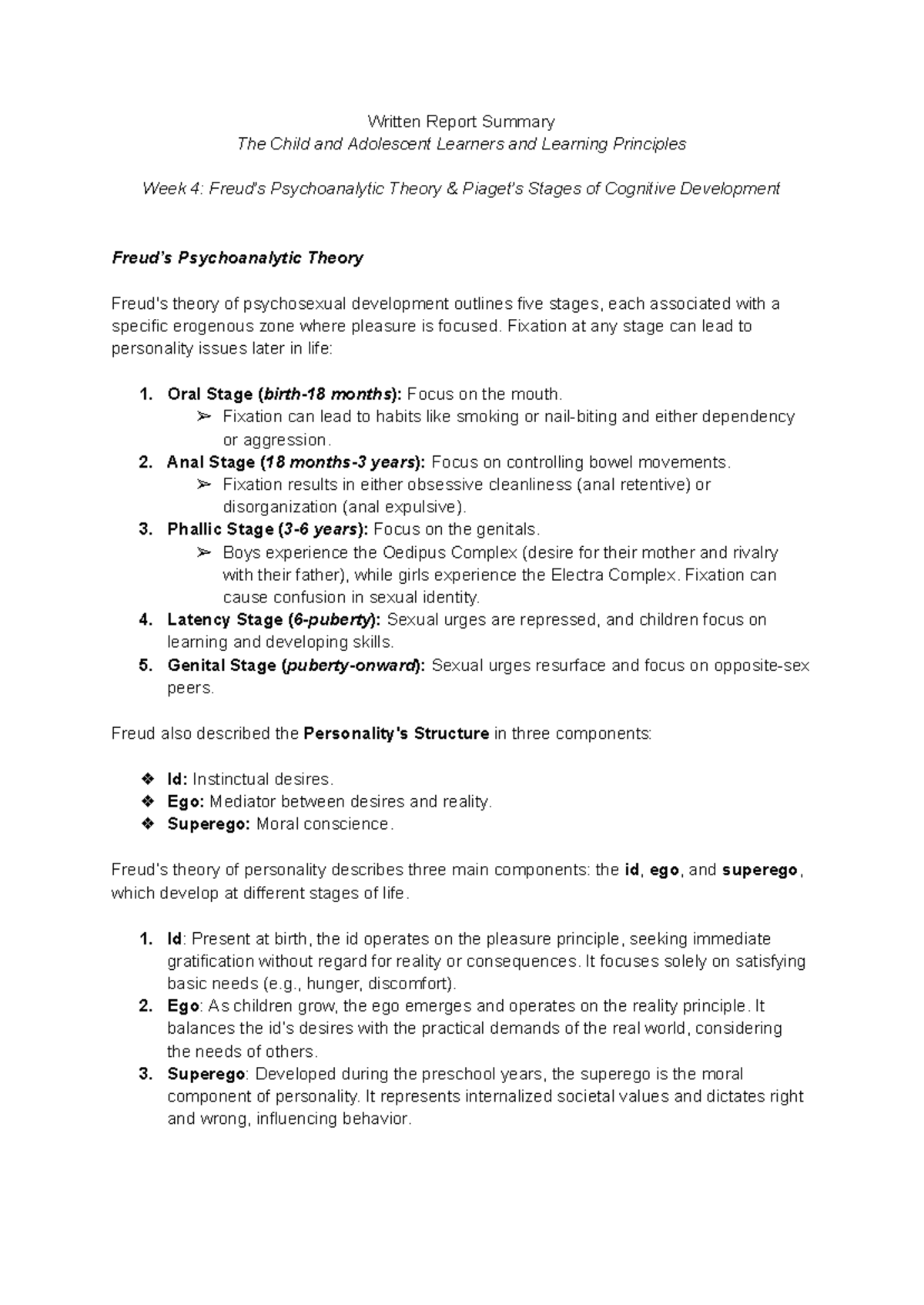 WEEK 4 Psychoanalytic Theory and Piaget's Stages of Development ...