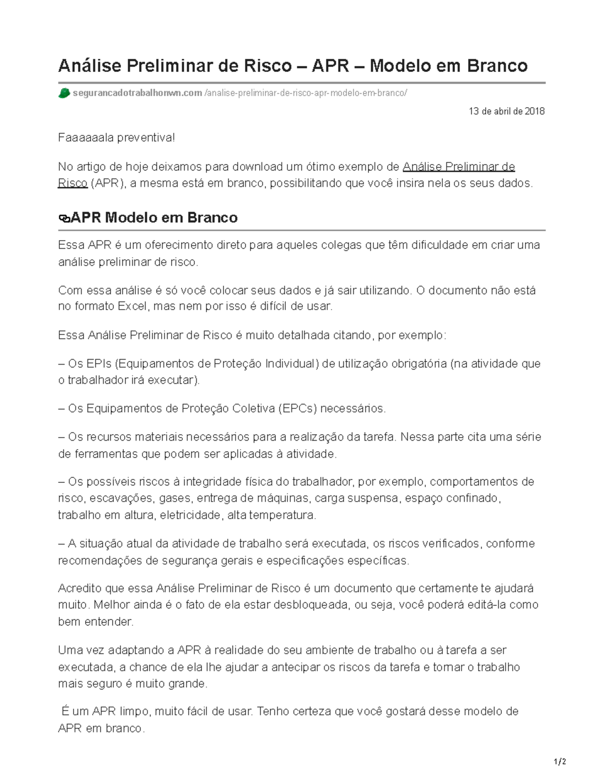 Segurancadotrabalhonwn.com-Análise Preliminar de Risco APR Modelo em ...
