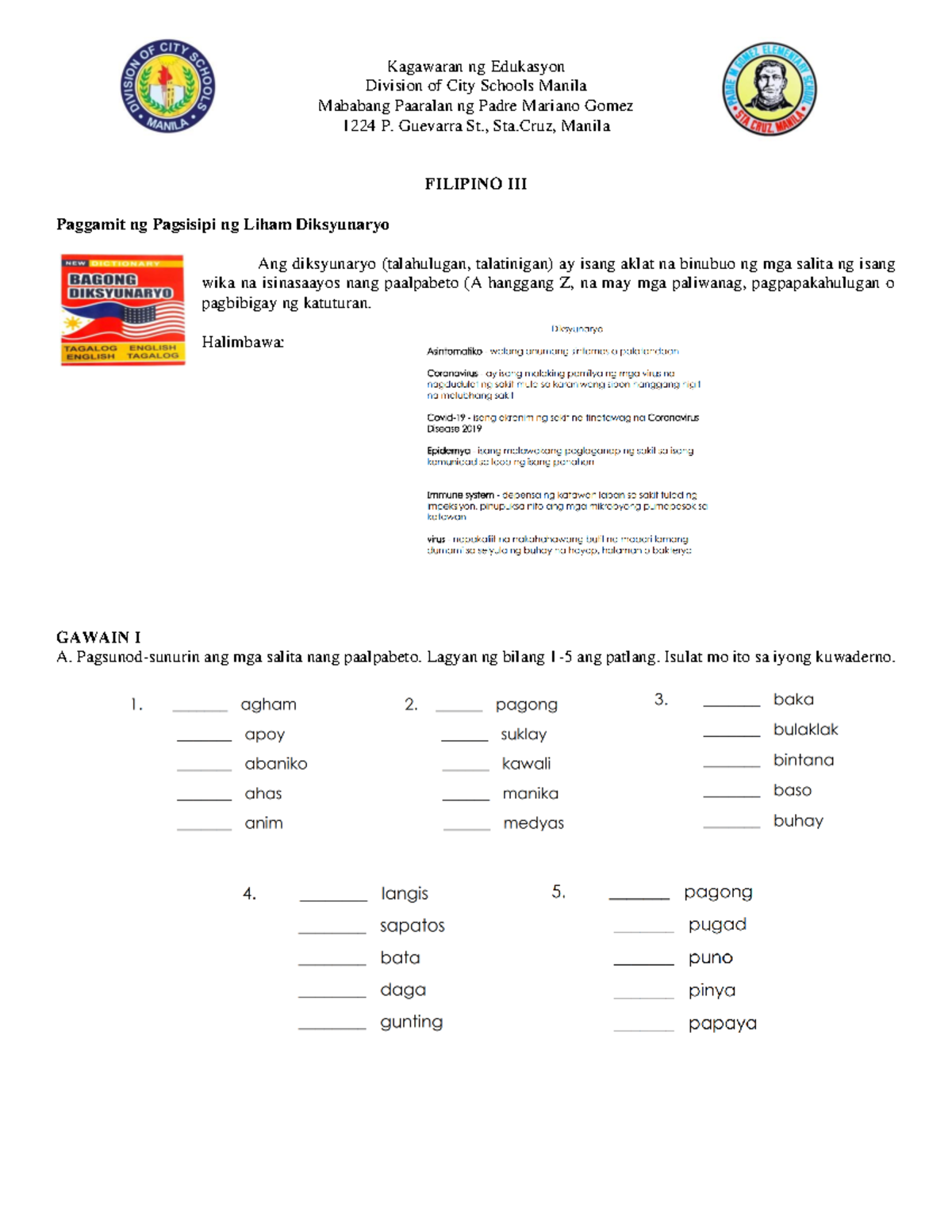 Filipino and Mapeh Activities October 13 2023 - Kagawaran ng Edukasyon ...