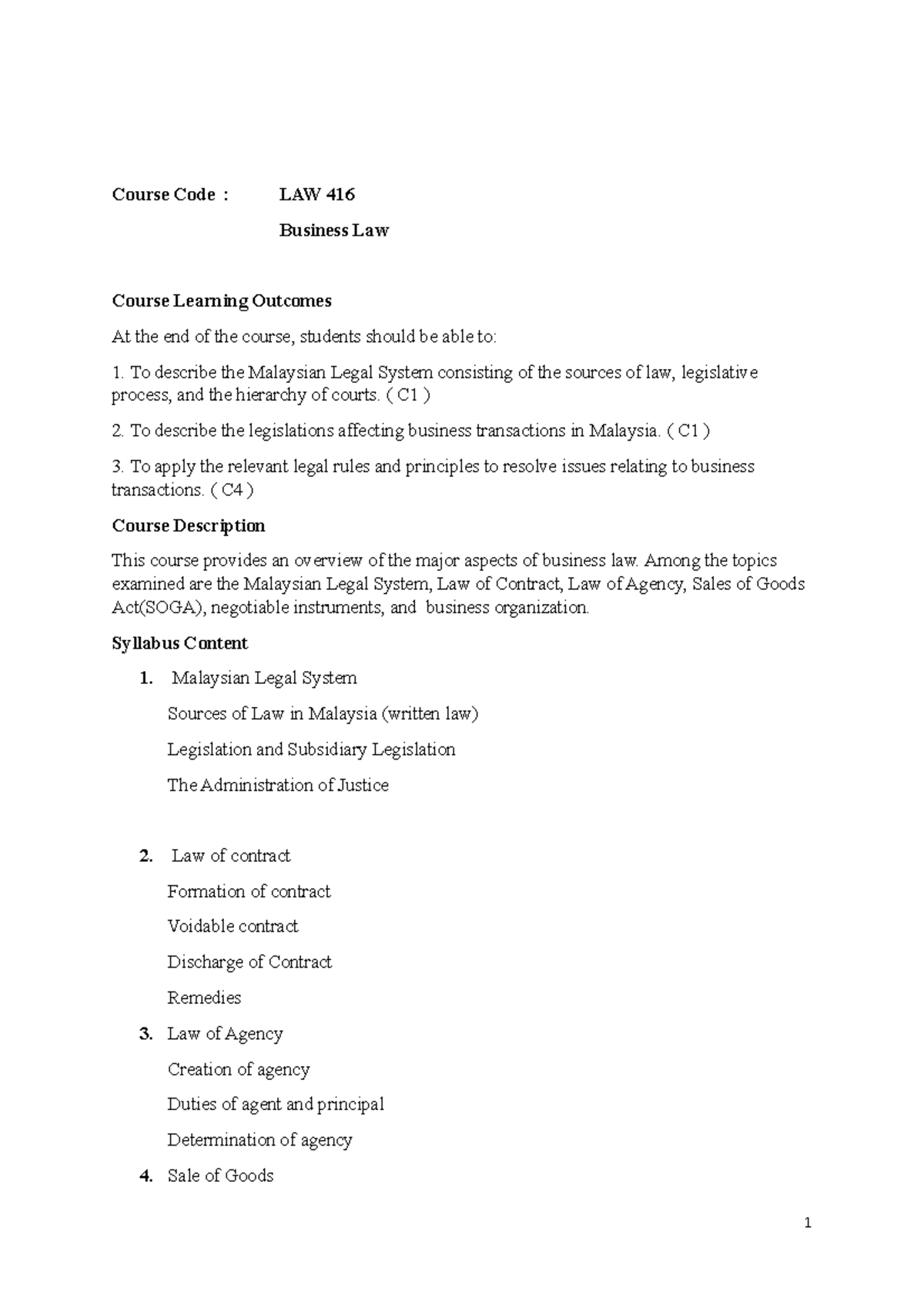 Course outline LAW416 - Business Law - UiTM - Studocu