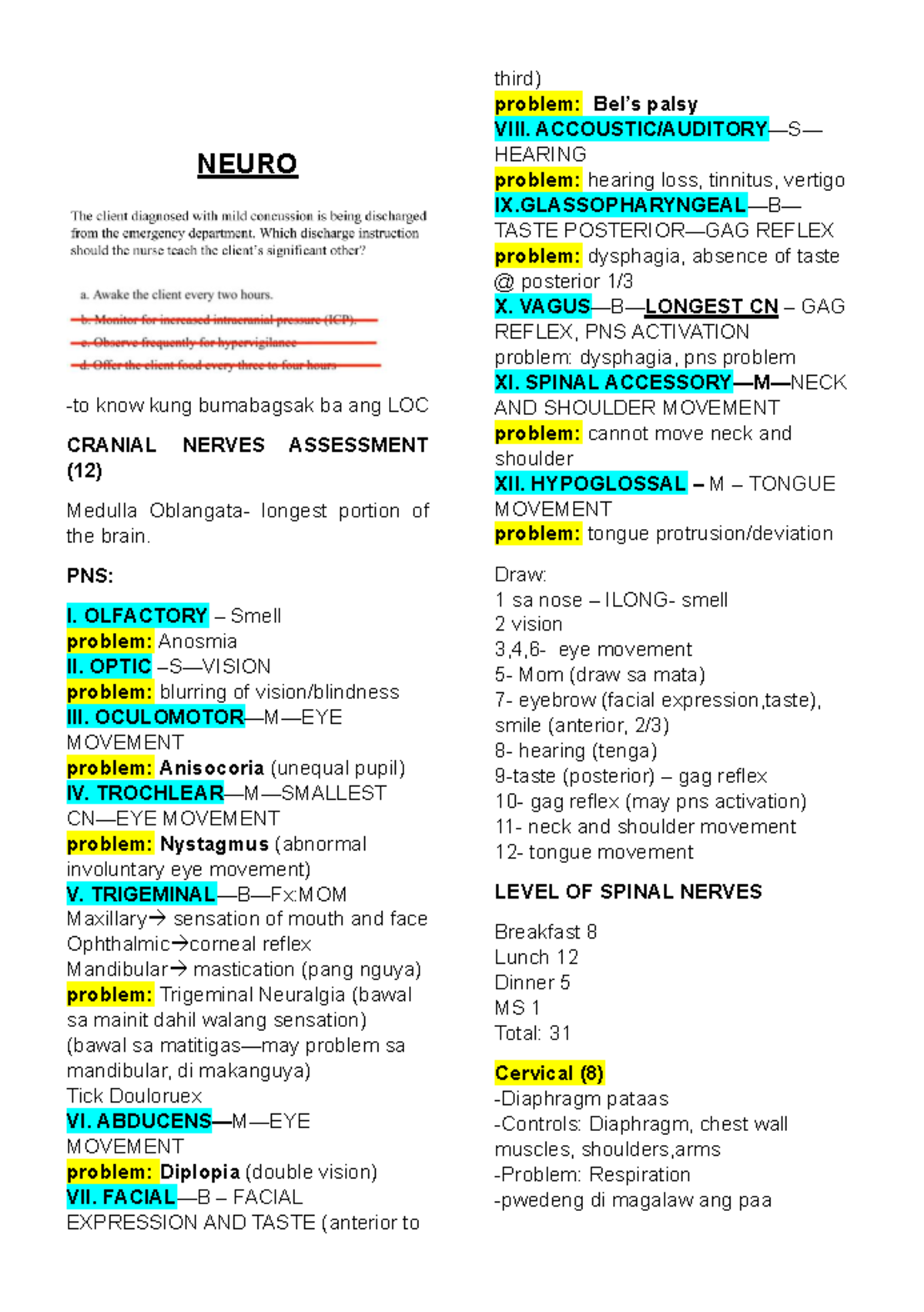 Neuro Lecture Notes - NEURO to know kung bumabagsak ba ang LOC CRANIAL ...