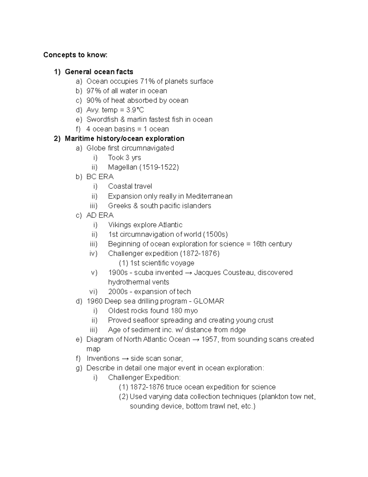 Exam #1 Review Guide - Concepts to know: 1) General ocean facts a ...