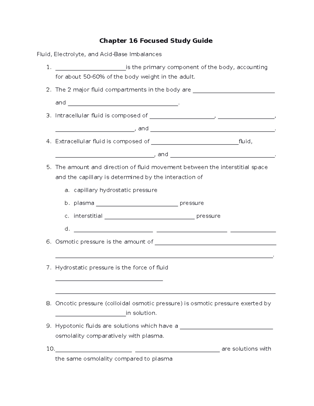Chapter 16 Focused Study Guide - Chapter 16 Focused Study Guide Fluid ...