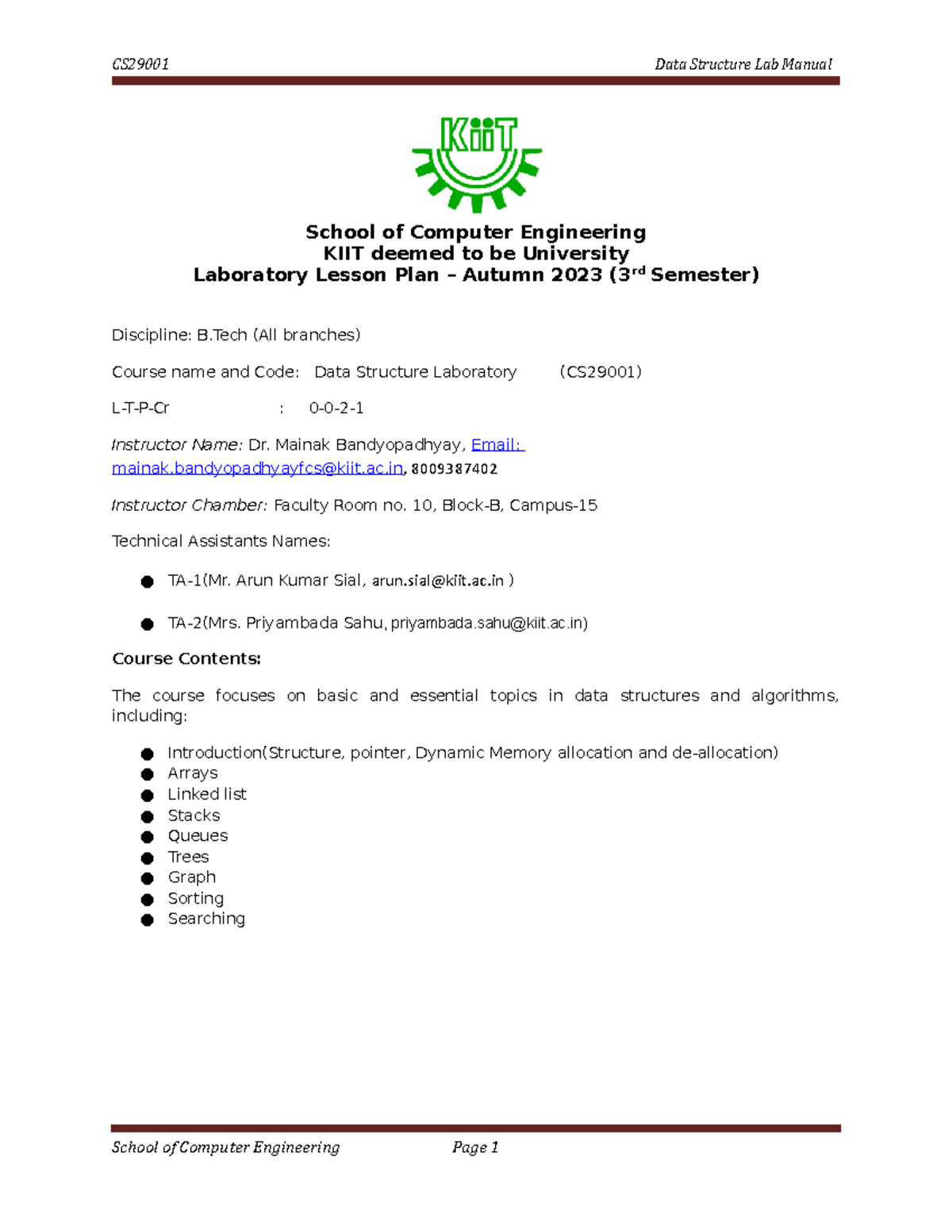 Data Structure Lab (CS29001) Lesson plan - School of Computer ...