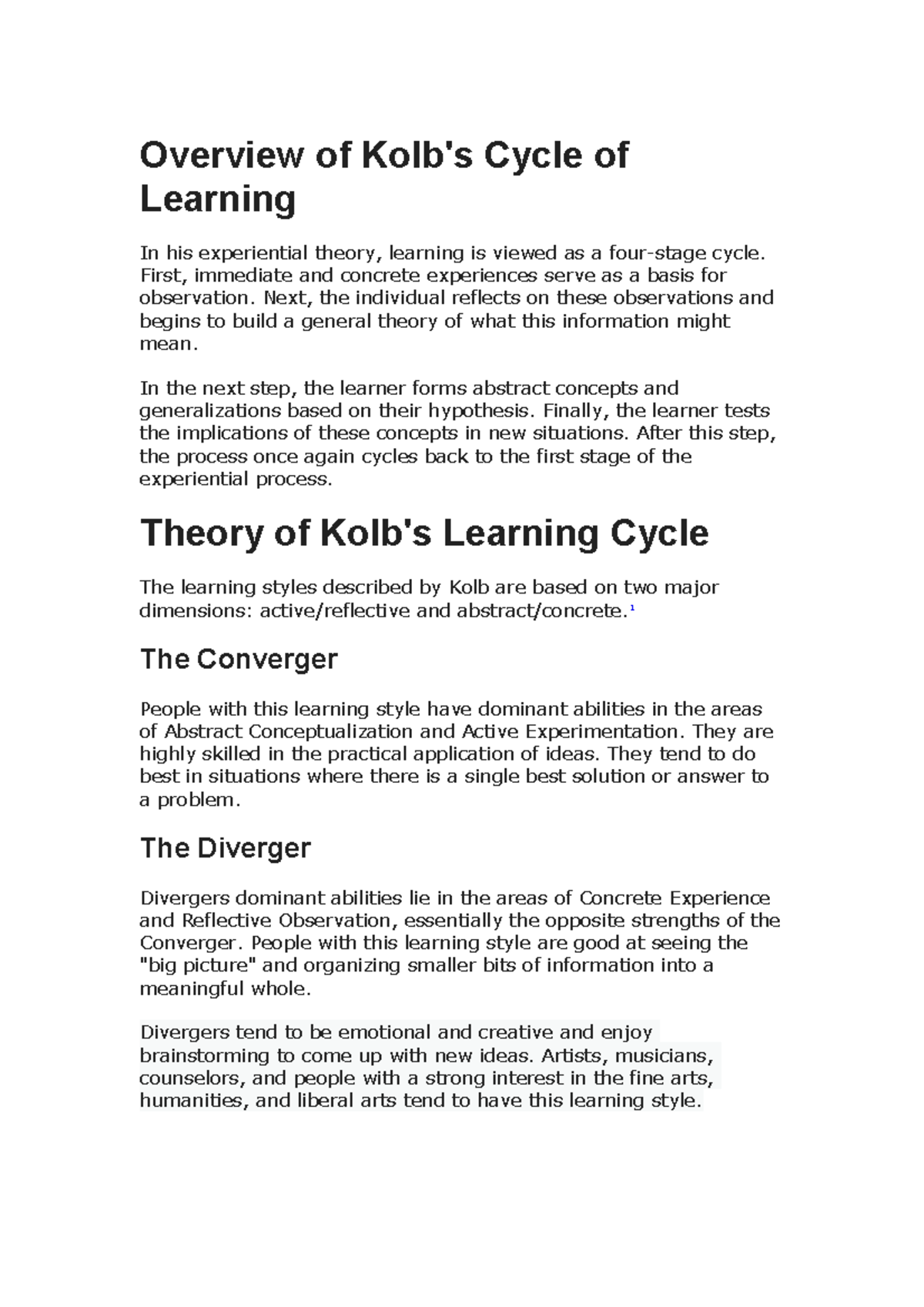 David KOLB - Overview of Kolb's Cycle of Learning In his experiential ...