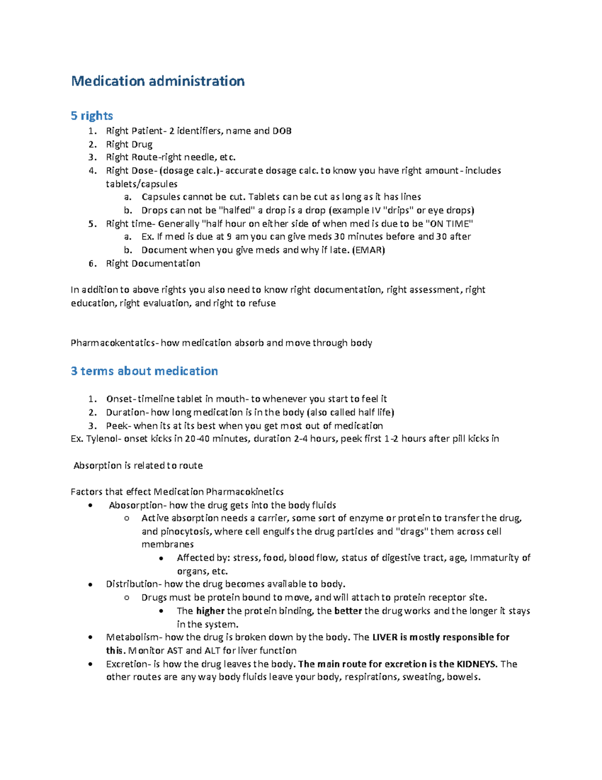 Med Admin Lecture notes - Medication administration 5 rights 1. Right ...