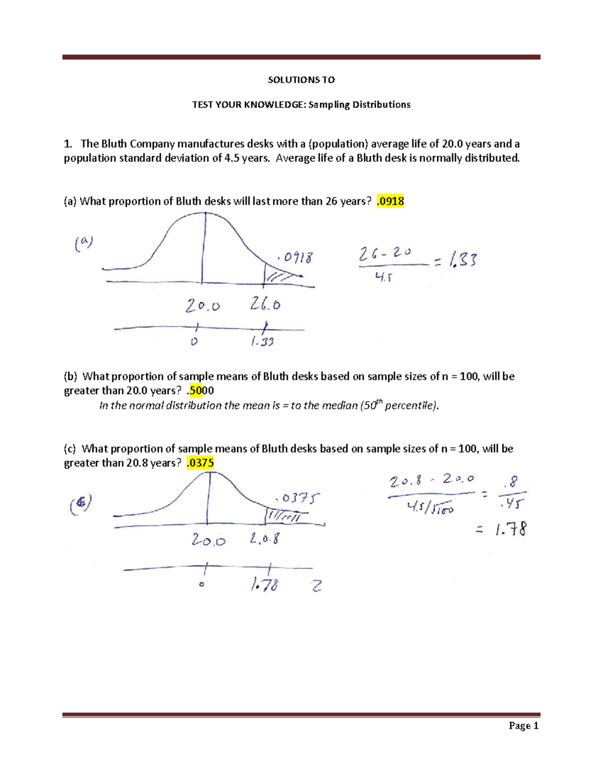 Sampling Distribution Done Now (solutions) - SOLUTIONS TO TEST YOUR ...