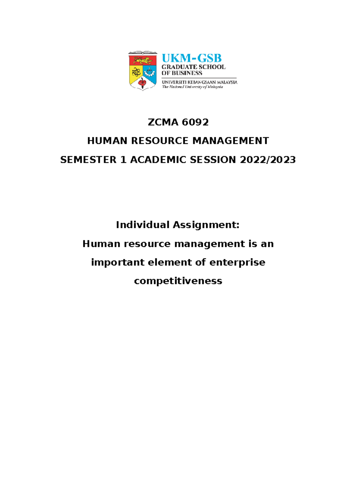 ZCMA 6092 Human Resource Management Individual Assignment - ZCMA 6092 ...