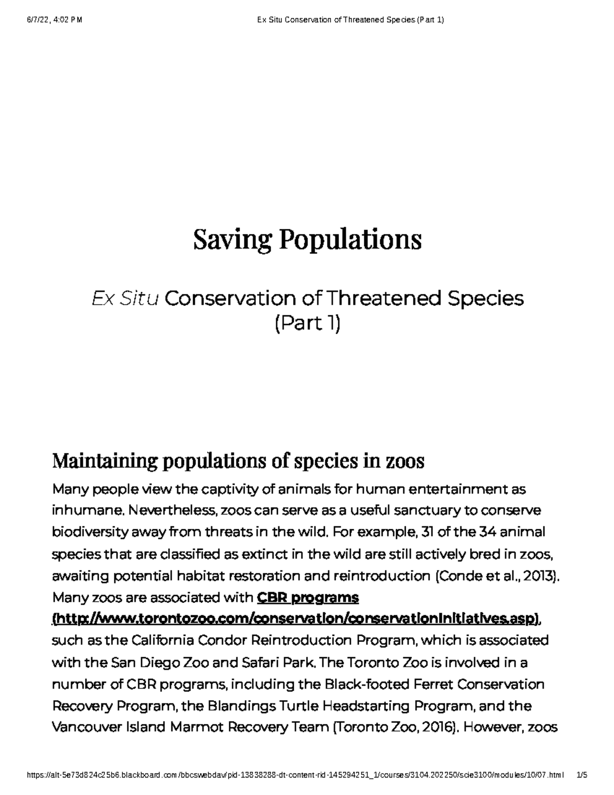 Ex Situ Conservation of Threatened Species (Part 1) - Maintaining ...