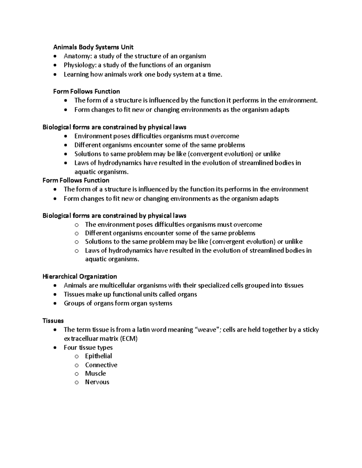 Notes - Animals Body Systems Unit Anatomy: a study of the structure of ...