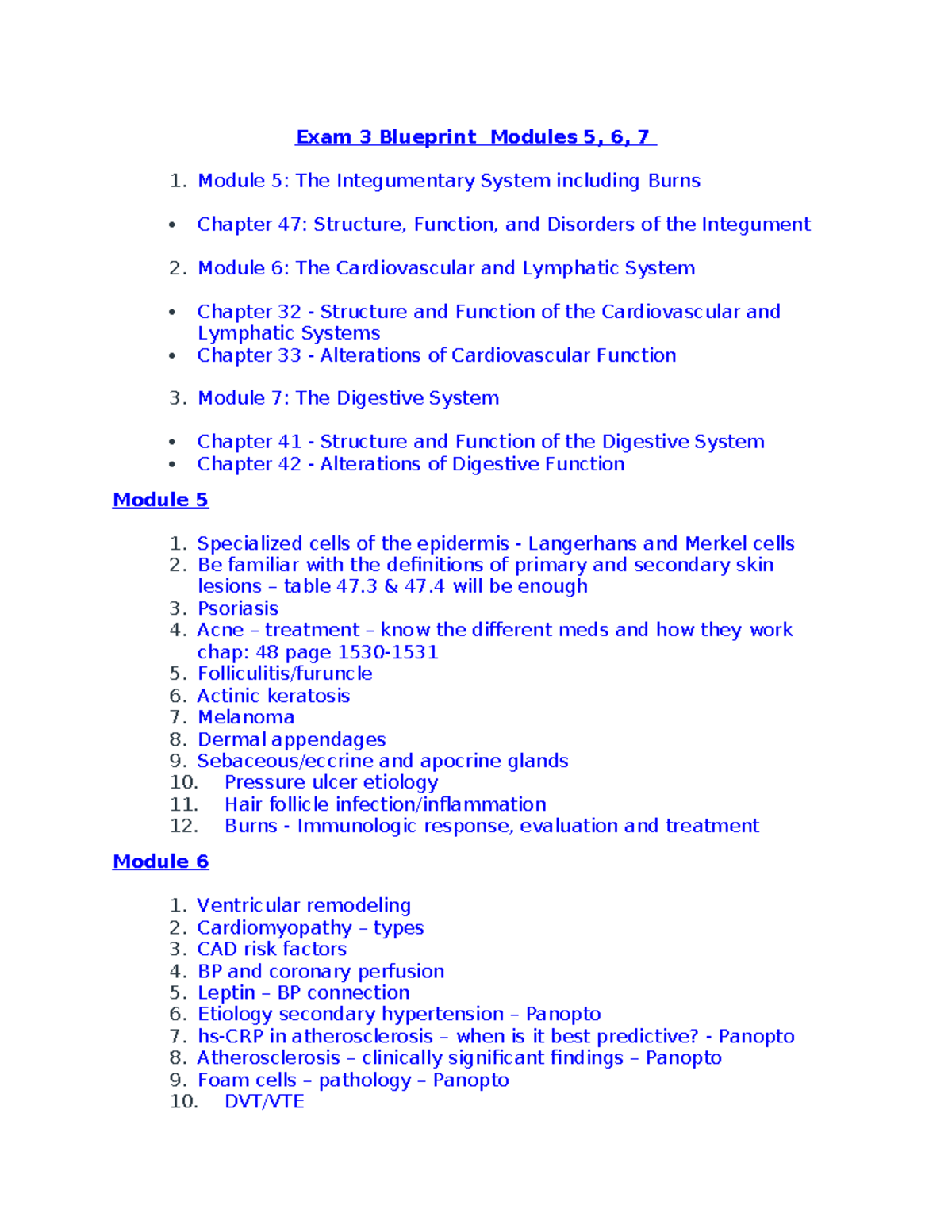 Exam 3 Blueprint - notes - Exam 3 Blueprint Modules 5, 6, 7 1. Module 5 ...