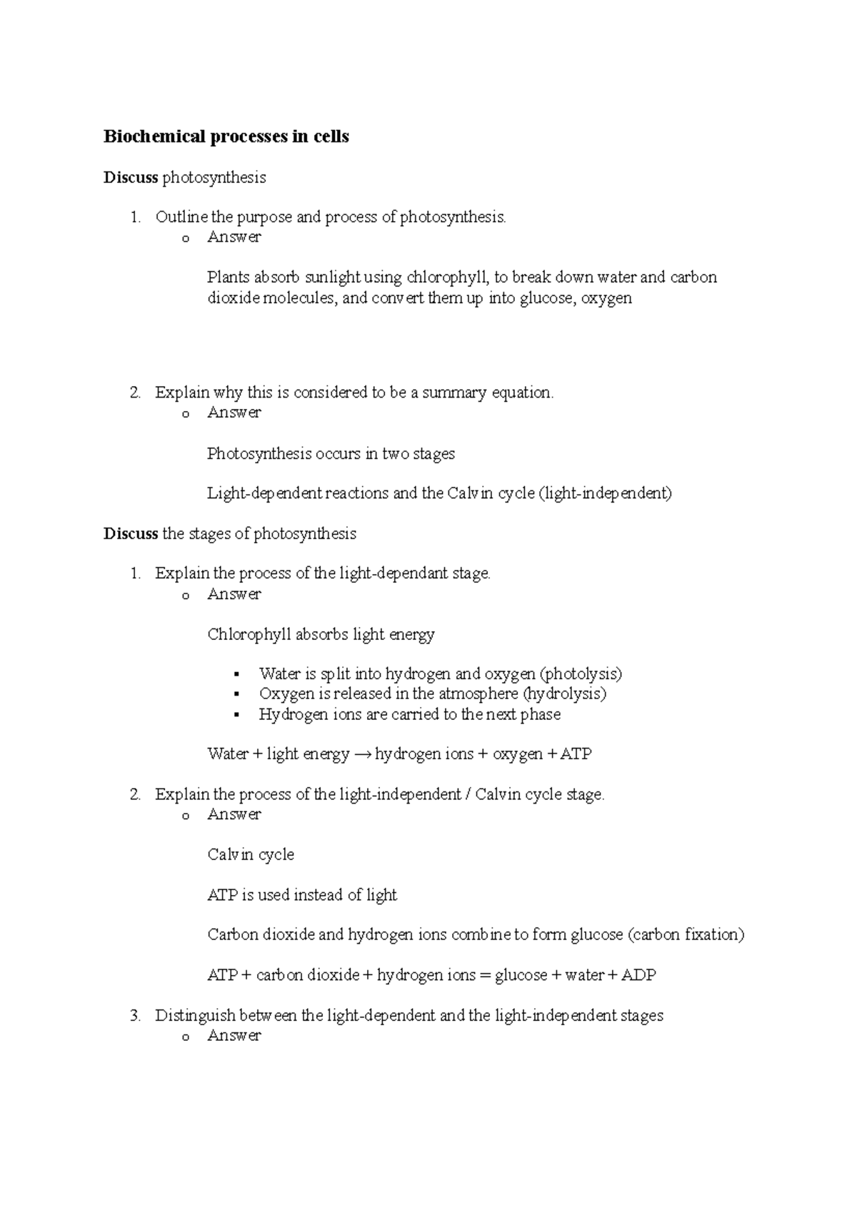 Cell Function - Biochemical processes in cells Notes - Biochemical ...