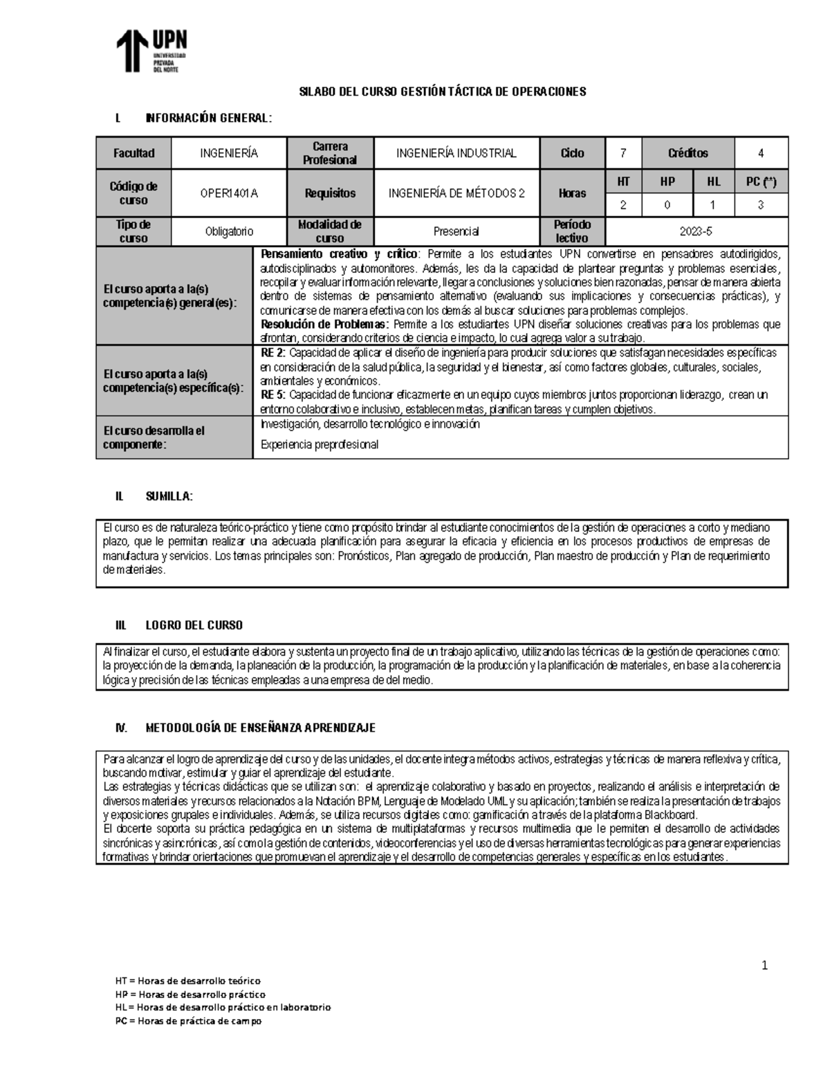 Silabo Gestion Tactica 2023 - 1 HT = Horas de desarrollo teórico HP = Horas de desarrollo ...