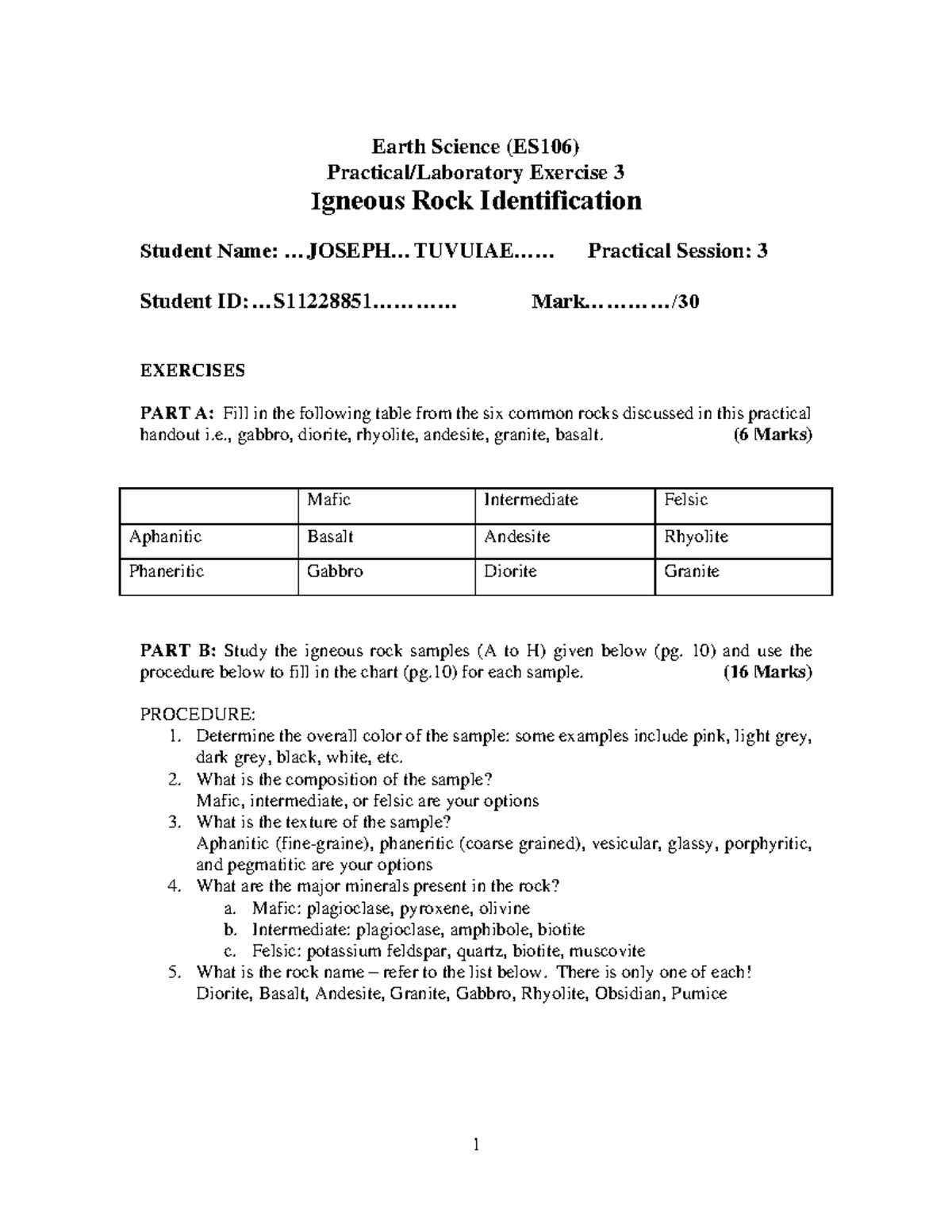 Lab 3 igneous rock answer sheet-ES106-2023 S11228851 - Earth Science ...
