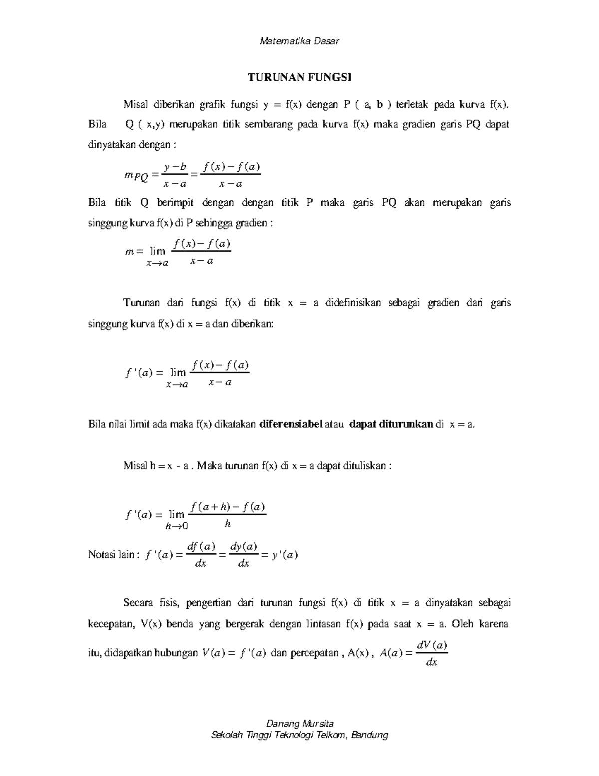 Turunan Fungsi - Matematika Dasar Danang Mursita Sekolah Tinggi ...