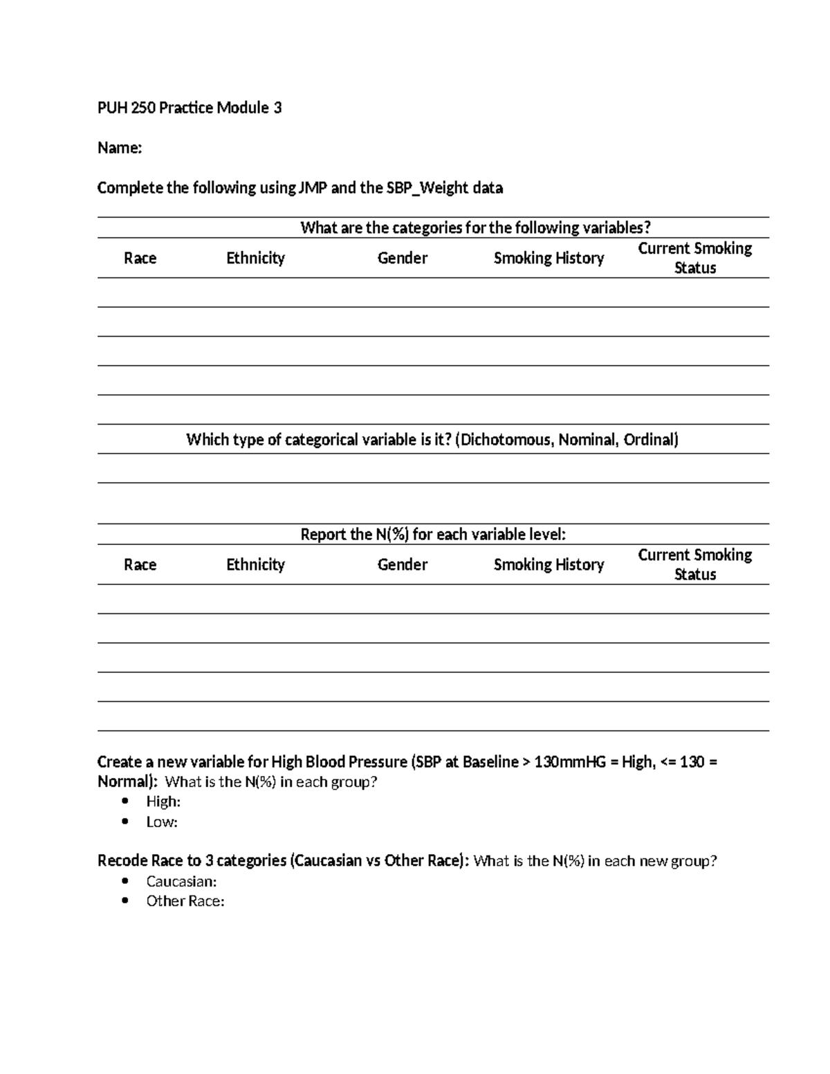 PUH 250 Practice Module 3 - PUH 250 Practice Module 3 Name: Complete ...