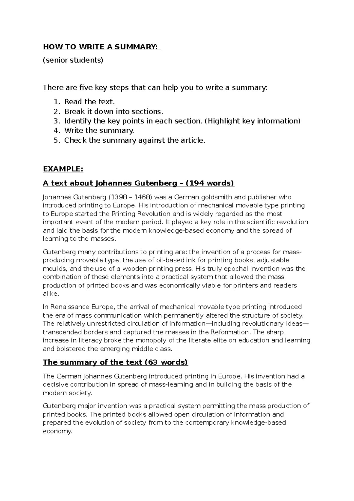 HOW TO Write A Summary - n/a - HOW TO WRITE A SUMMARY: (senior students ...