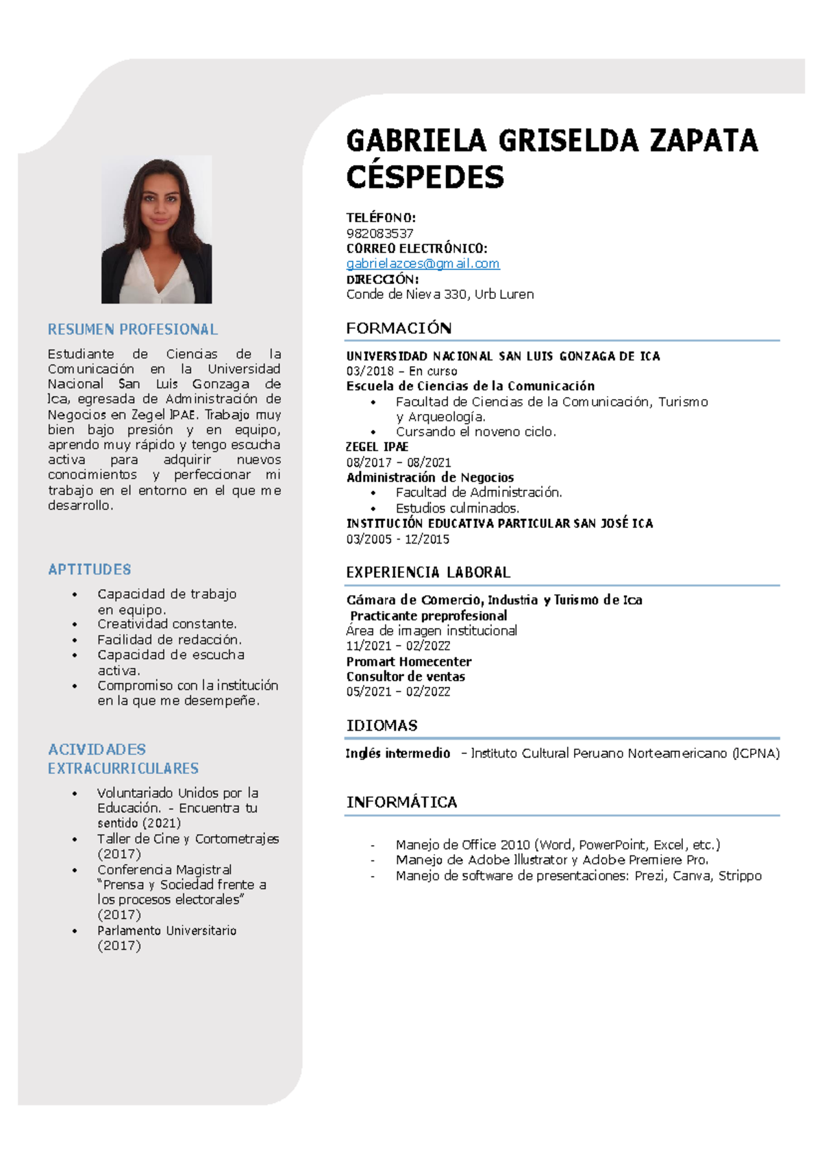 Gabriela Zapata Céspedes- CV - RESUMEN PROFESIONAL Estudiante de ...