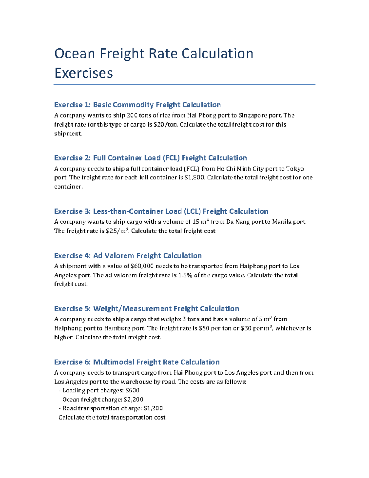 Ocean Freight Rate Calculation Exercises - Ocean Freight Rate ...