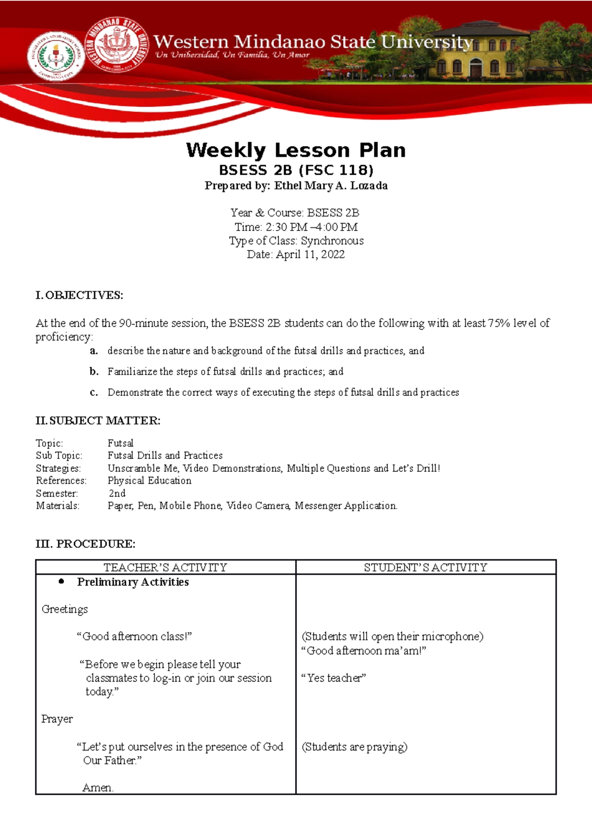 Lesson Plan for Observation Ethel Lozada - Weekly Lesson Plan BSESS 2B ...