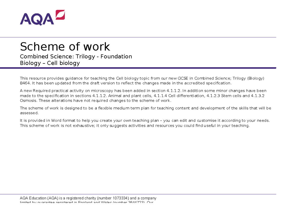 AQA 8464F SOW Cells - homeostasis - Scheme of work Combined Science ...
