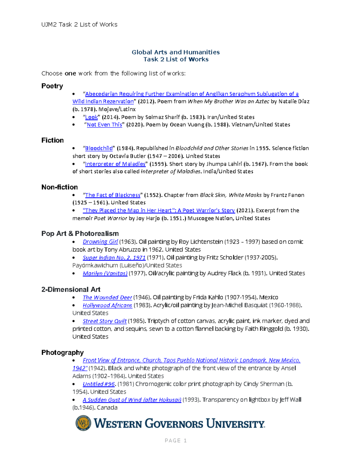 UJM2 Task 2 List - Task list - UJM 2 Task 2 List of Works P AGE 1 Global Arts and Humanities ...