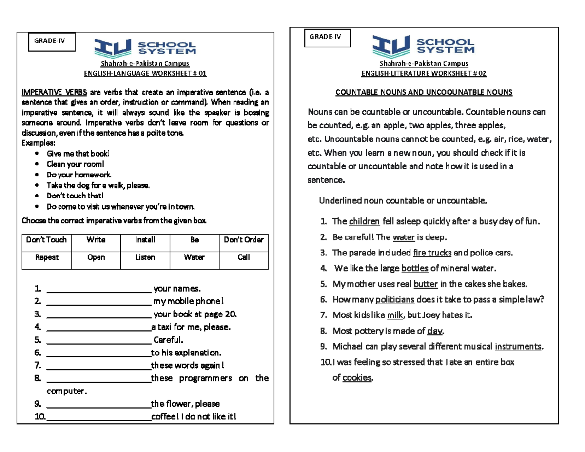 Langauage Worksheet 1 and 2 - Shahrah-e-Pakistan Campus ENGLISH ...