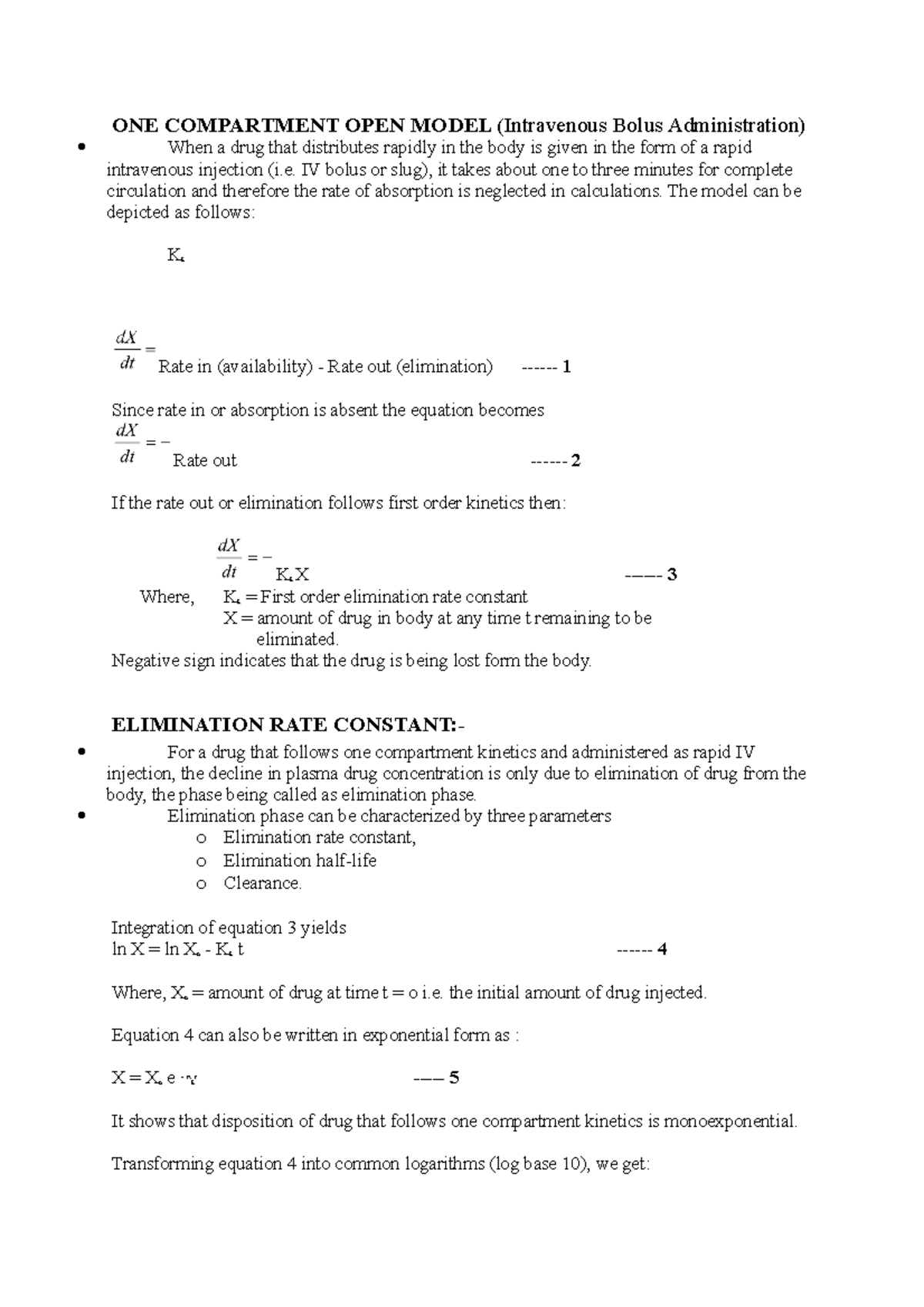 ONE Compartment OPEN Model - ONE COMPARTMENT OPEN MODEL (Intravenous ...