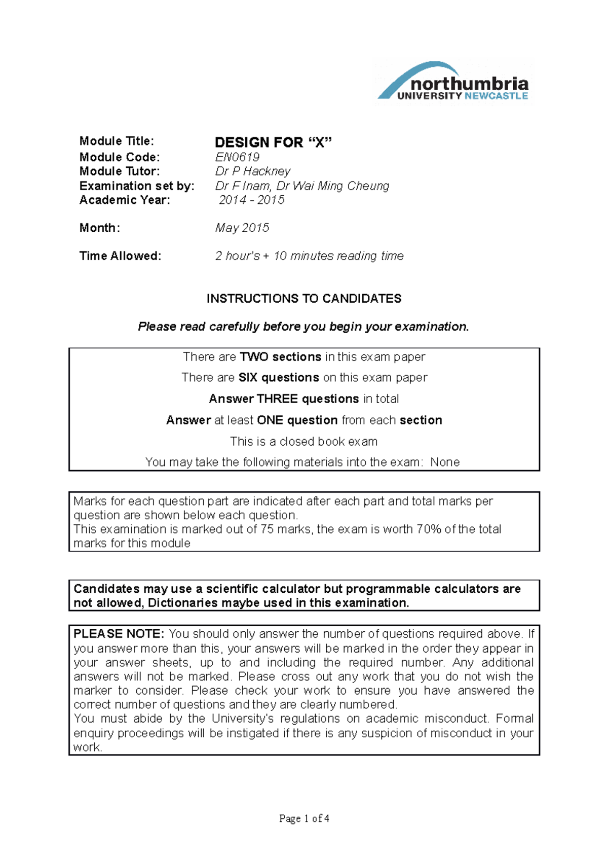 Exam 2015, questions - Module Title: Module Code: Module Tutor ...