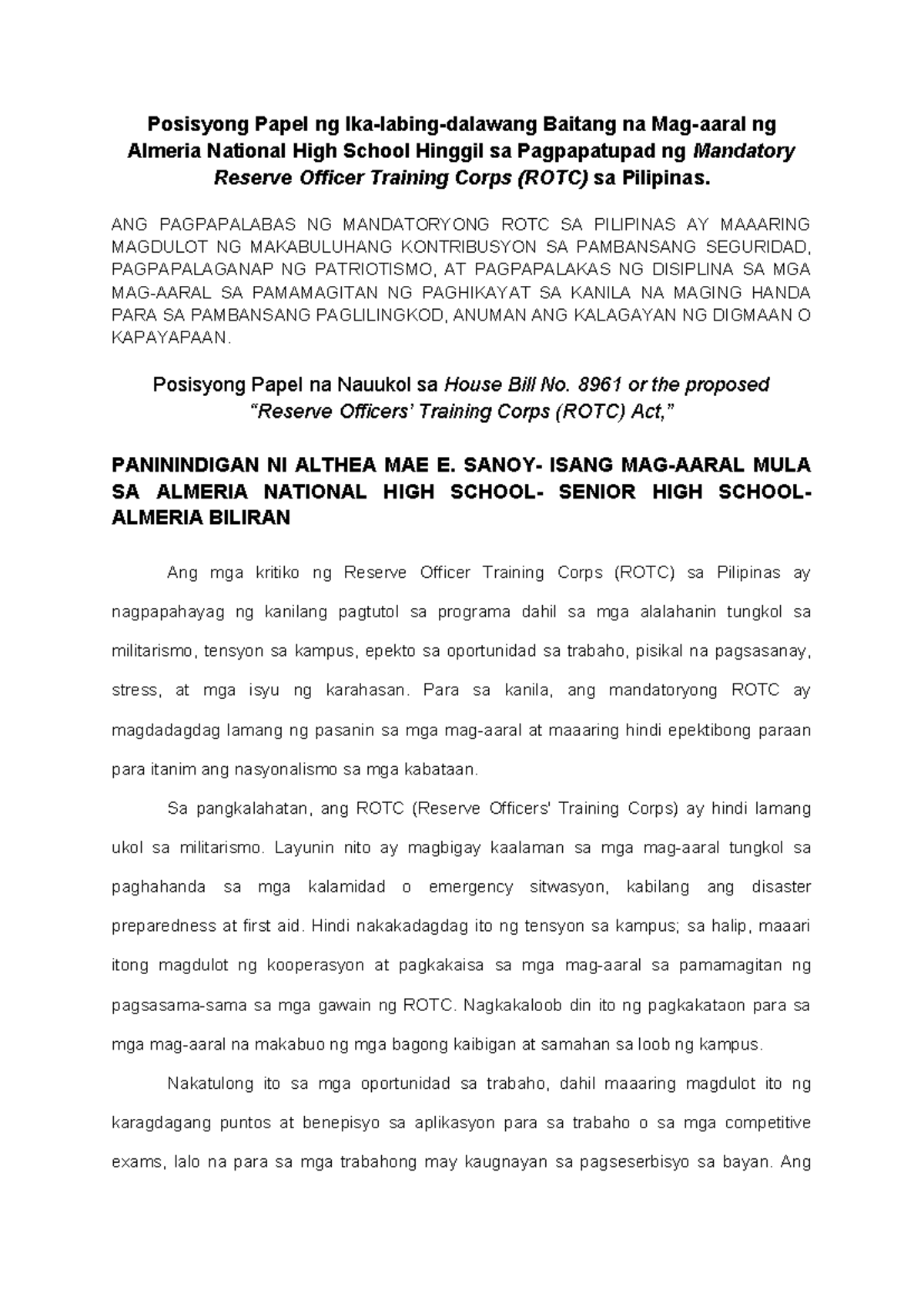 Posisyong Papel ng Ika labing dalawang Baitang na Mag aaral ng Almeria ...