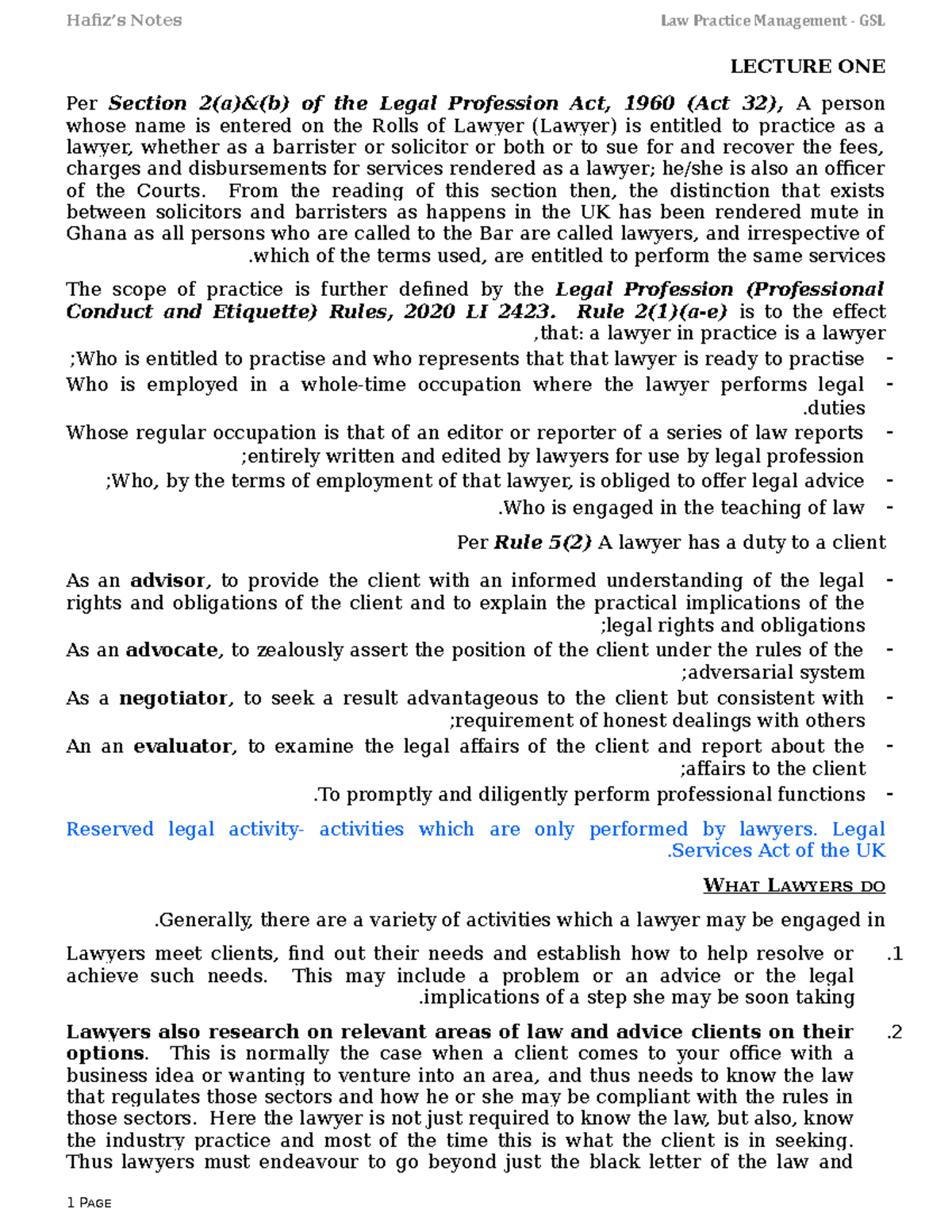 LAW Practice Management - LECTURE ONE Per Section 2(a)&(b) of the Legal ...