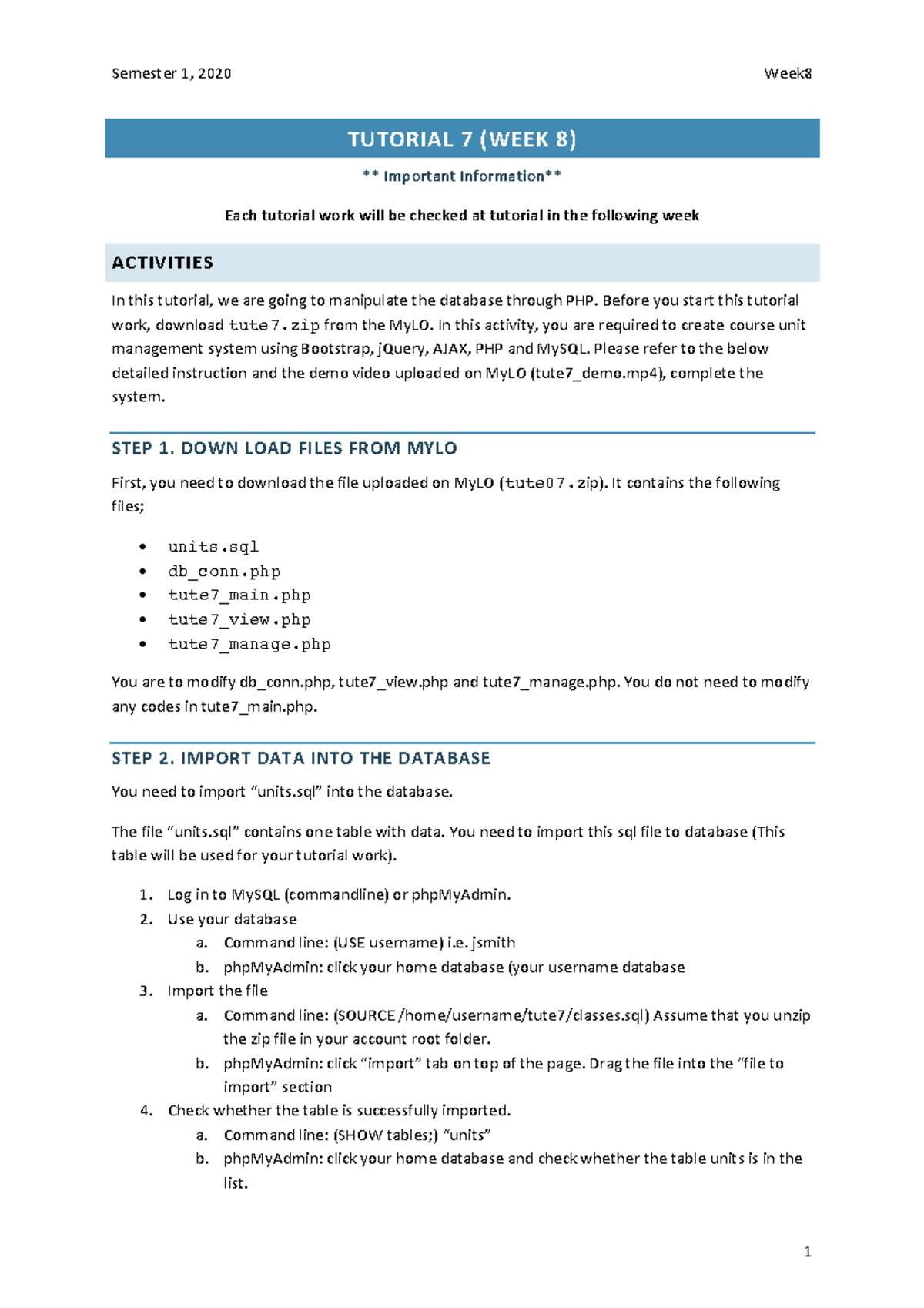 Tute07 revised 202004 23 - TUTORIAL 7 (WEEK 8) **** Important ...