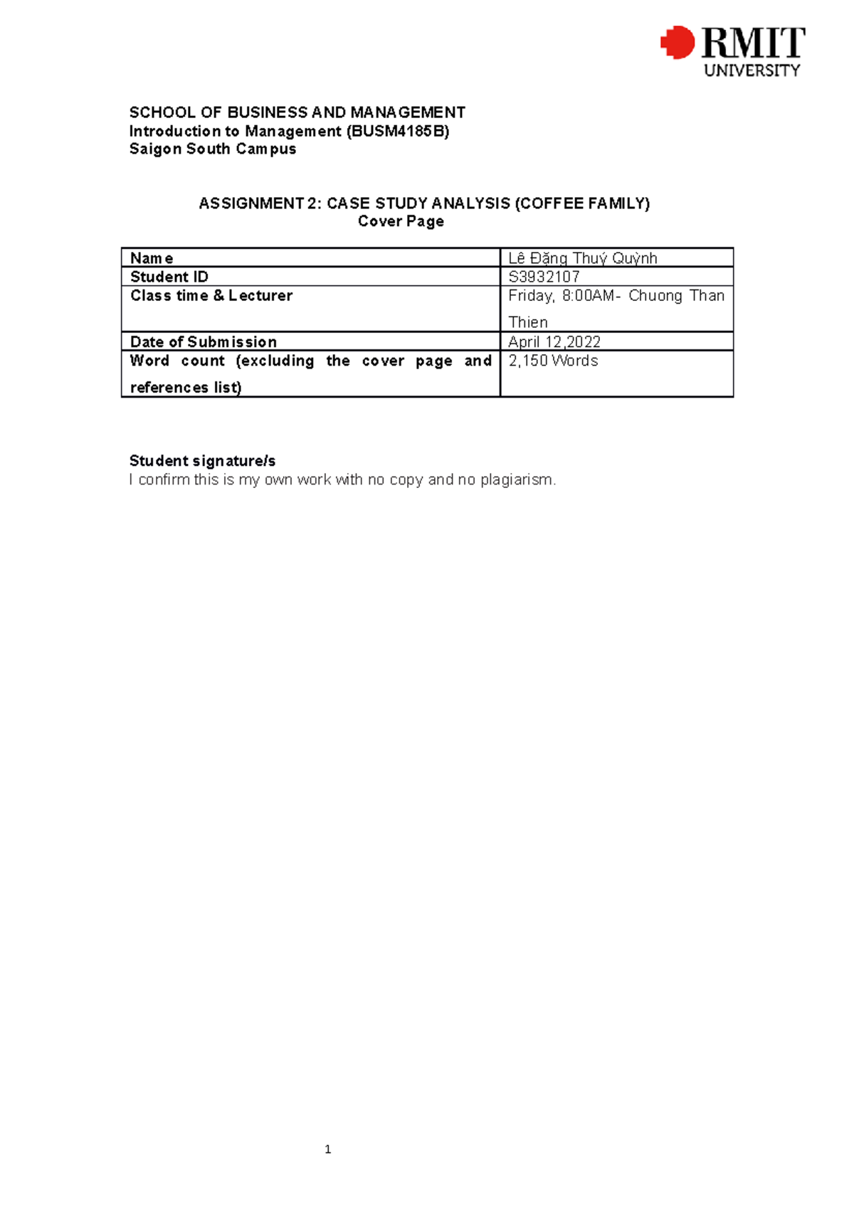 Introduction to management- Assignment 2- Case study - SCHOOL OF ...