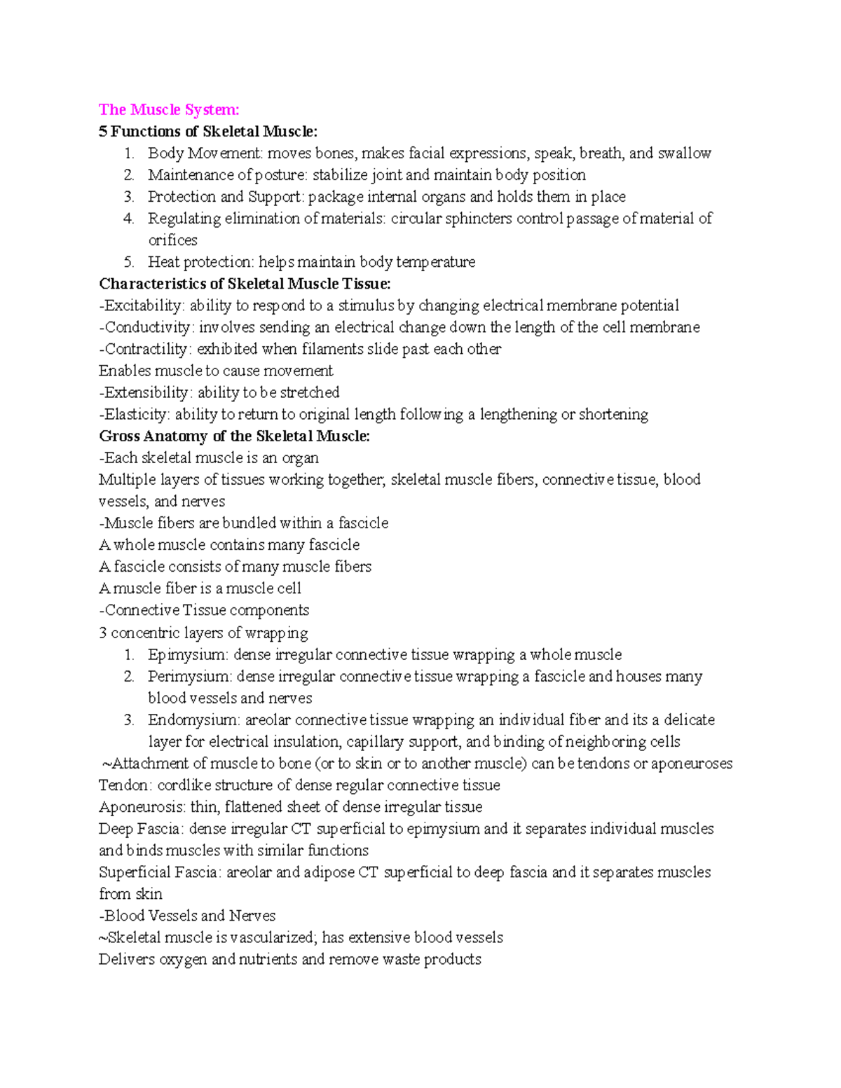 Muscle System Notes - Biol 2500- Ashley Peart - The Muscle System: 5 ...