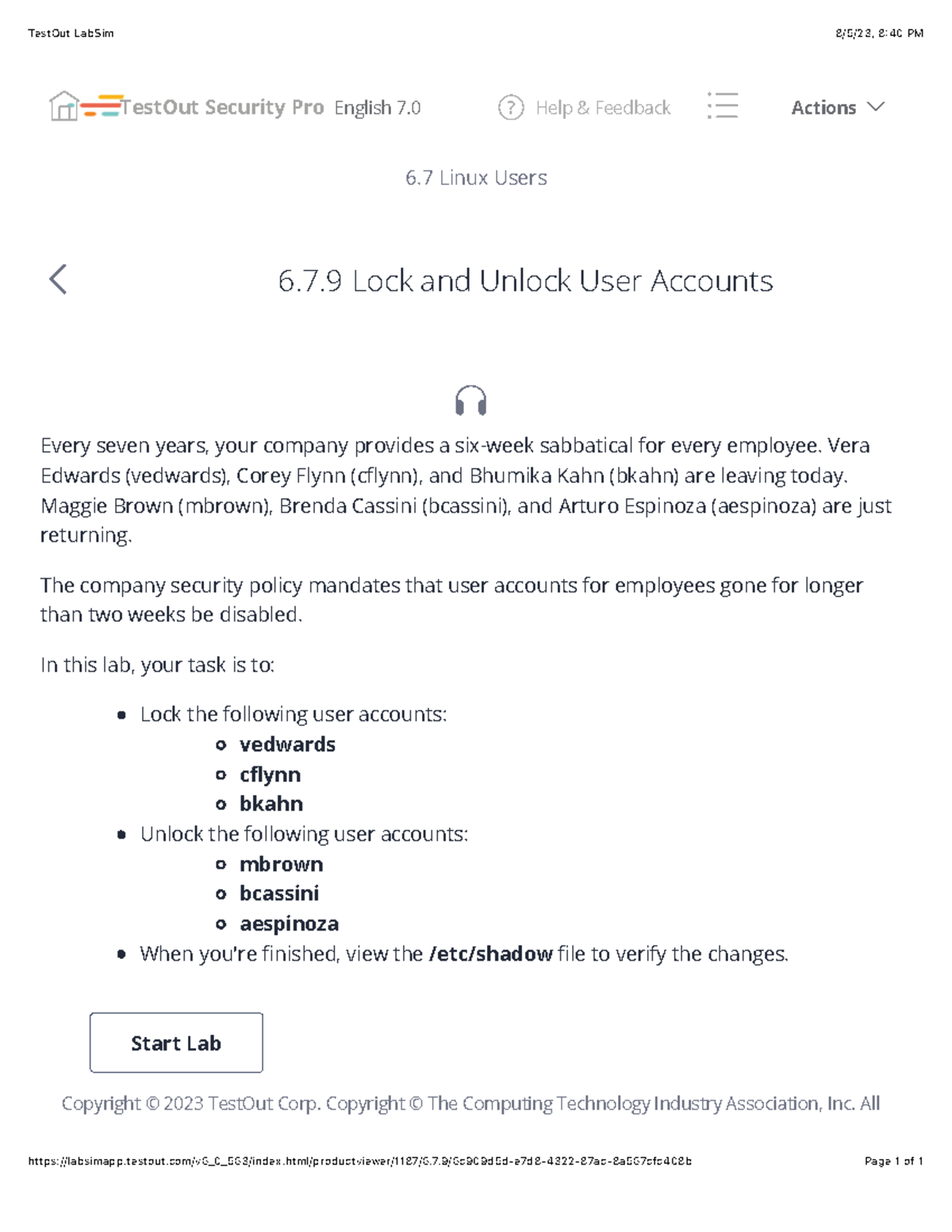 6.7.9 Lock and Unlock User Accounts - TestOut LabSim 8/5/23, 8:40 PM ...
