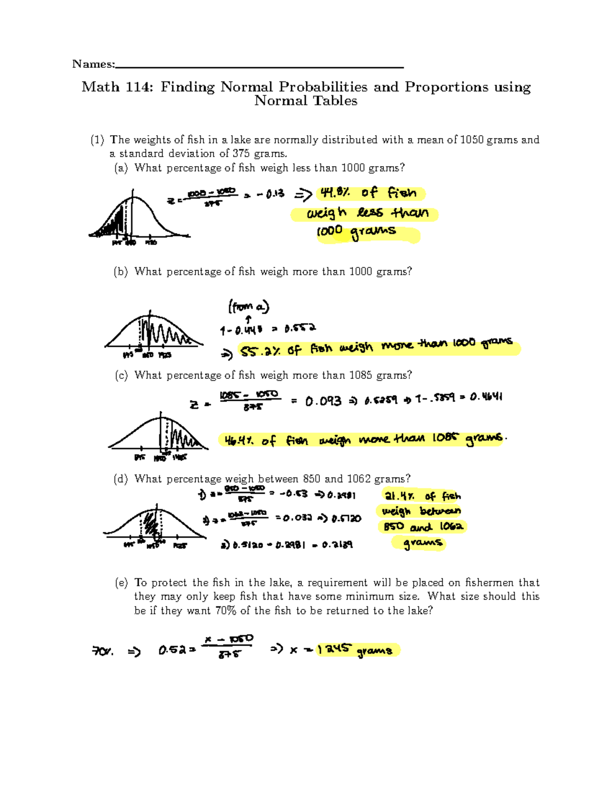 Discussion Normal Distributions - Fall 2022 MATH 114 Foundations of Statistics - Names: Math 114 ...